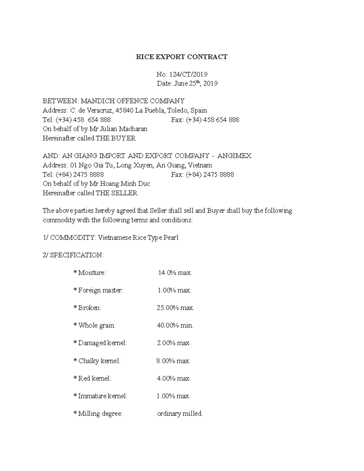 Hợp đồng 1 - Hợp đồng 1 - RICE EXPORT CONTRACT No: 124/CT/ Date: June ...