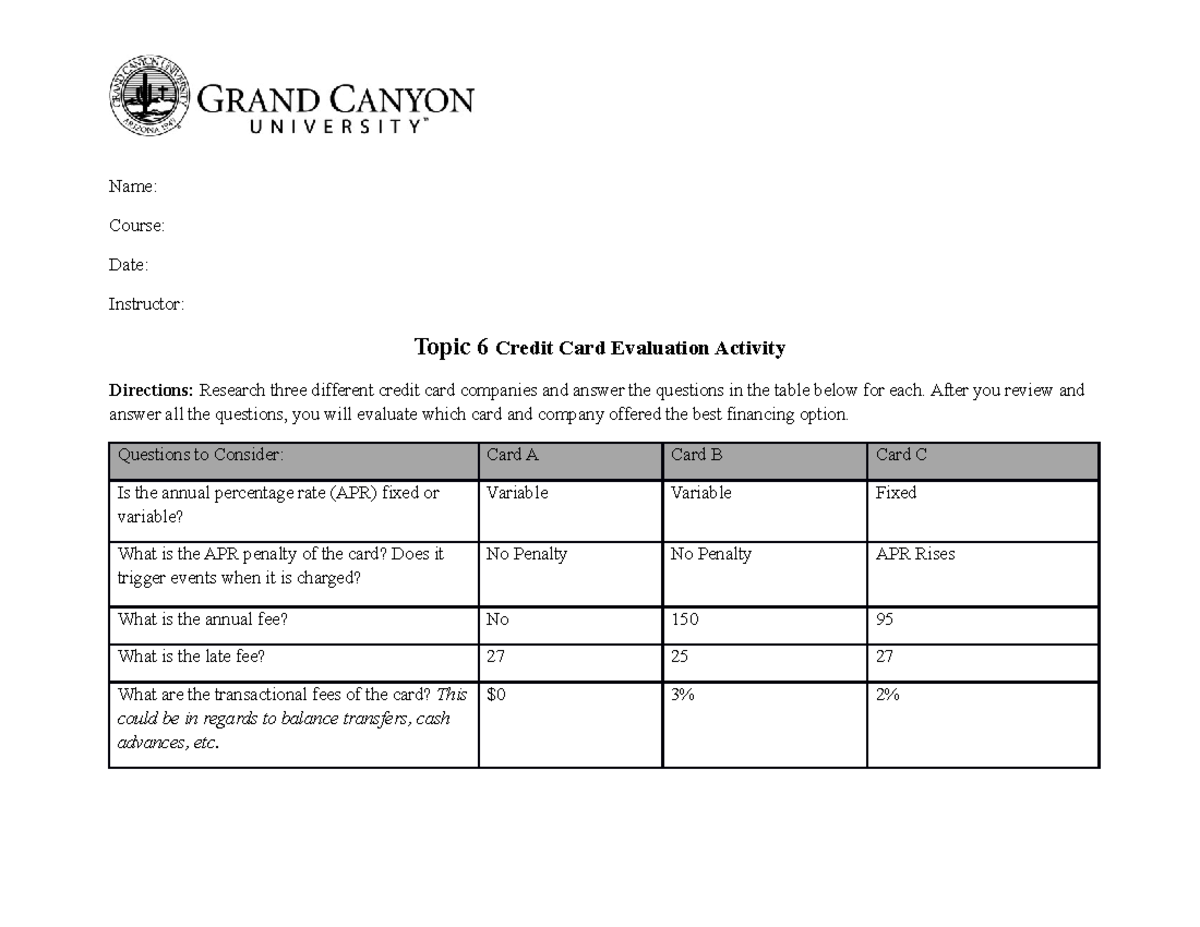 UNV103 T6 Credit Card Activity completed - Name: Course: Date ...