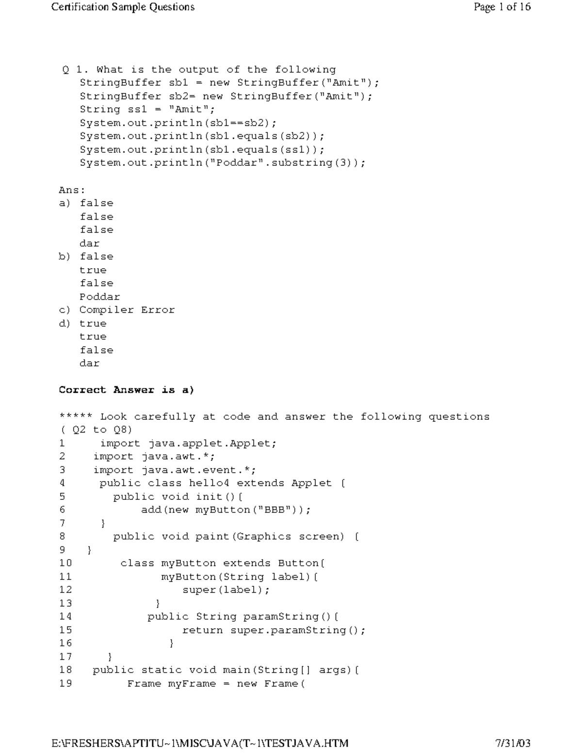 194834850-Test-Java - Learning java with ease - Q 1. What is the output ...