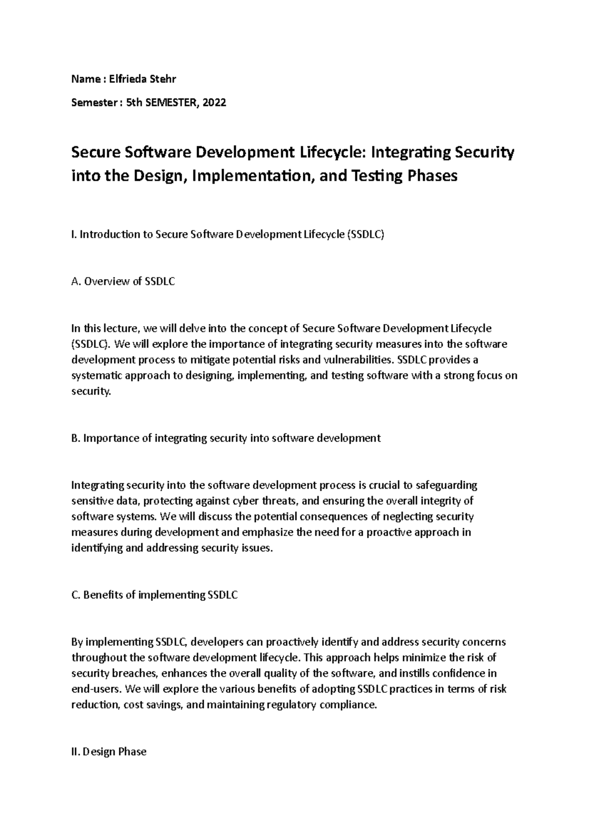 Secure Software Development Lifecycle Integrating Security Into The Design Implementation And