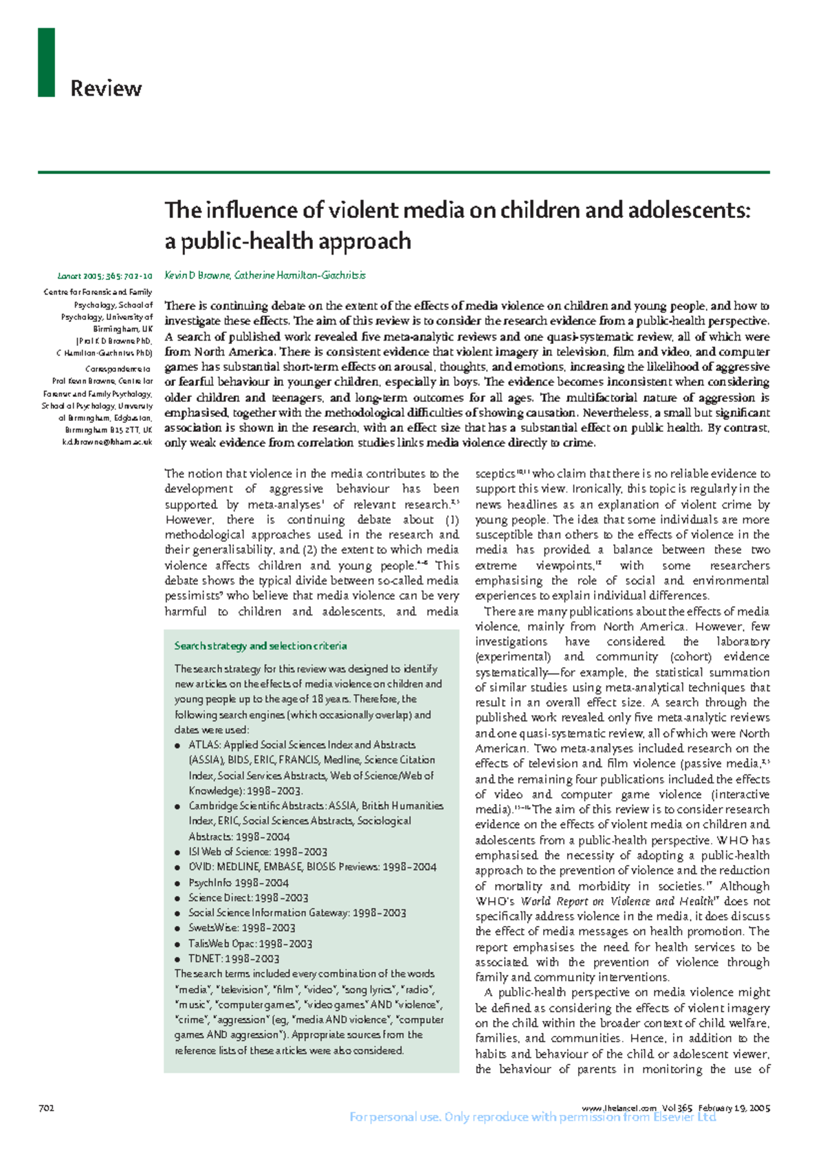 journal article- the influence of violent media on children and ...