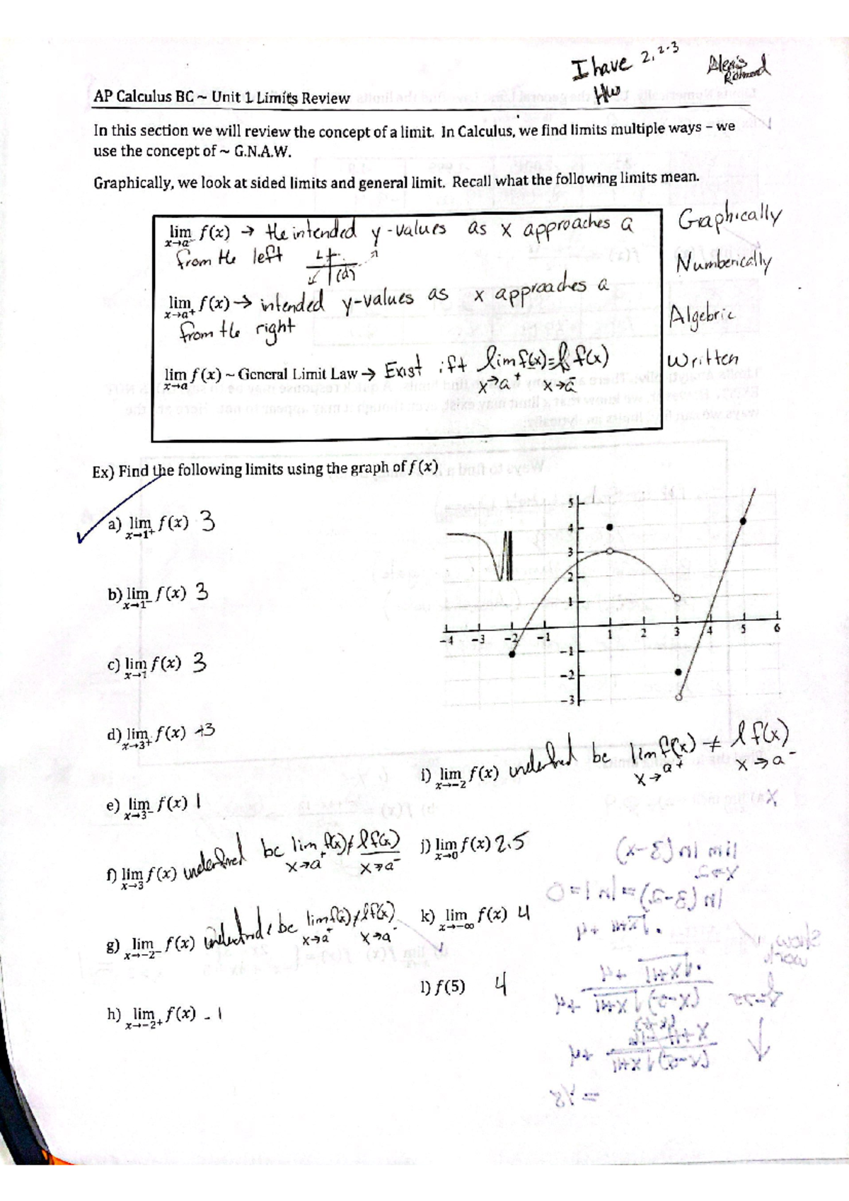 2.2 and 2.3 Limit Bookwork and Notes Aug - Ihave Alexand AP Calculus BC ...