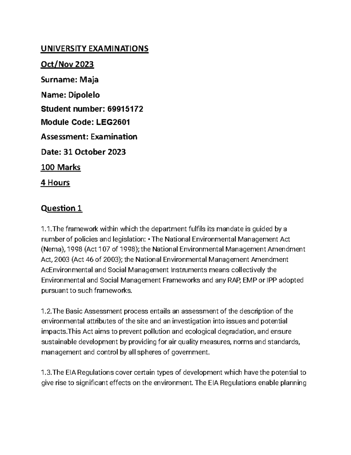 Leg - Practicing notes - UNIVERSITY EXAMINATIONS Oct/Nov 2023 Surname ...