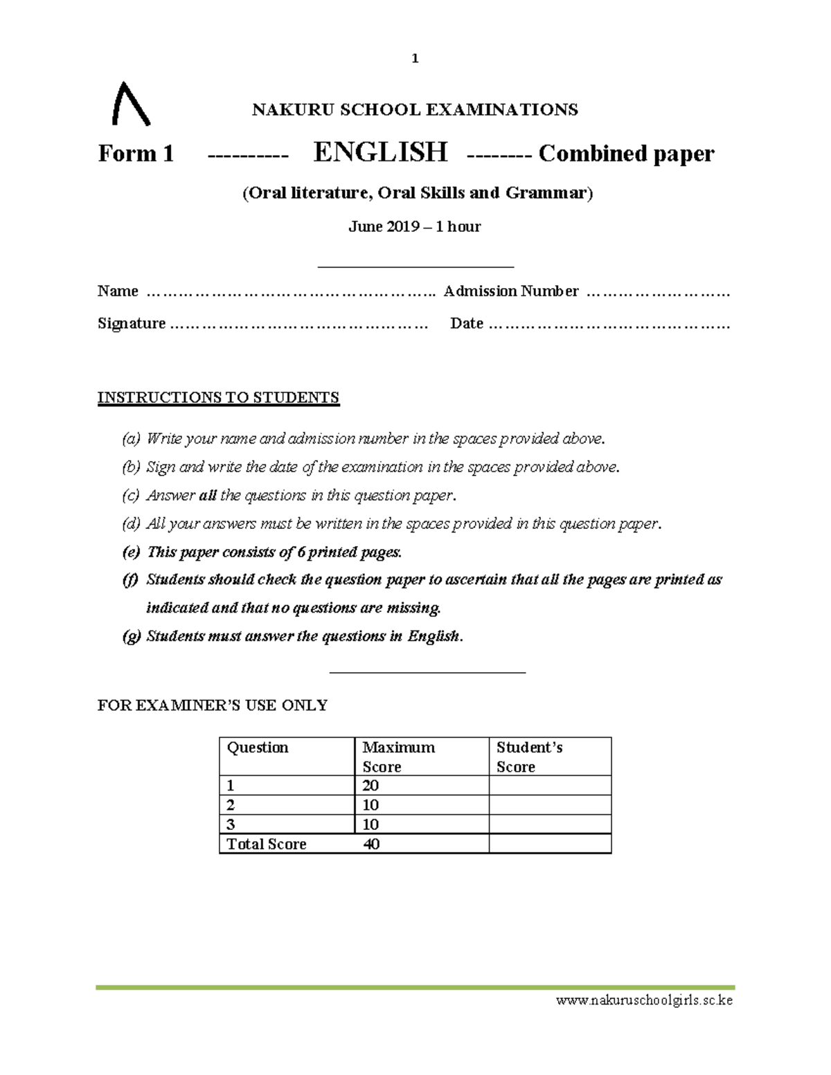 FORM 1 Corona EXAM 2020 - Useful document - NAKURU SCHOOL EXAMINATIONS ...
