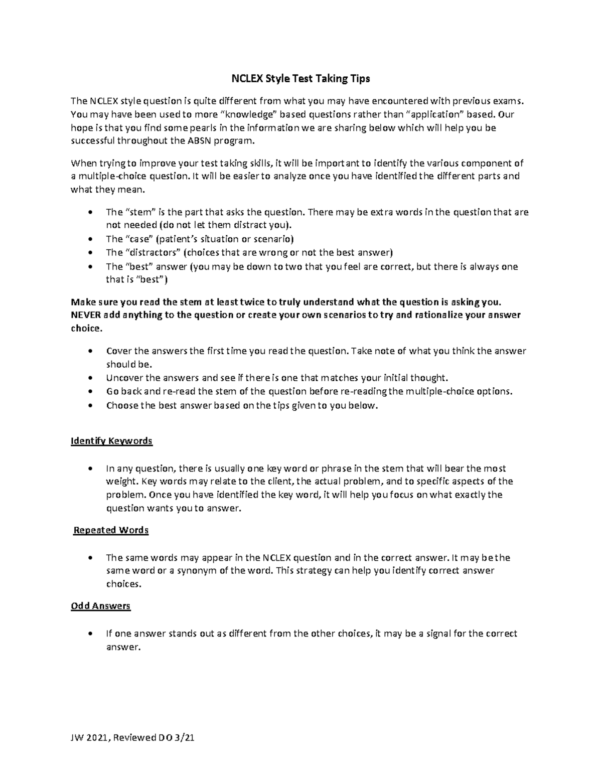 Nclex Style Test Taking Tips - JW 2021, Reviewed DO 3/ NCLEX Style Test ...