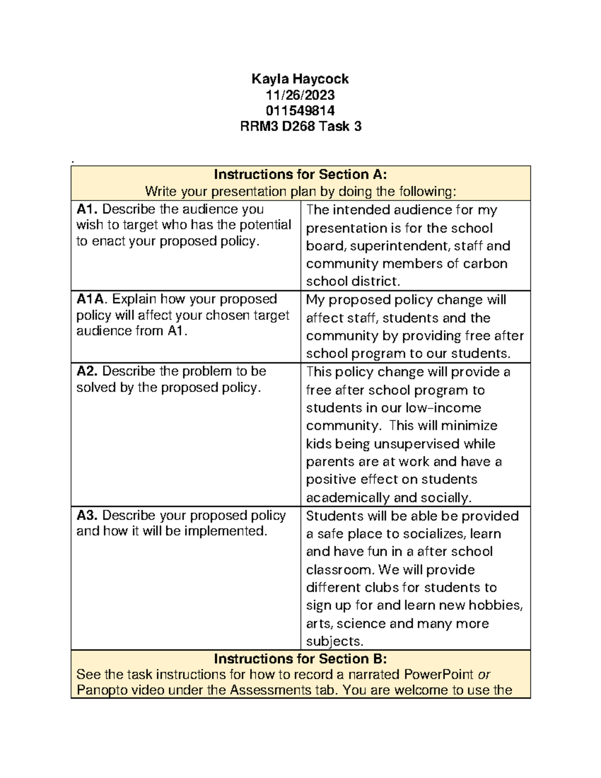 D268 Task 3 - D268 - Kayla Haycock 11/26/ 011549814 RRM3 D268 Task 3 ...