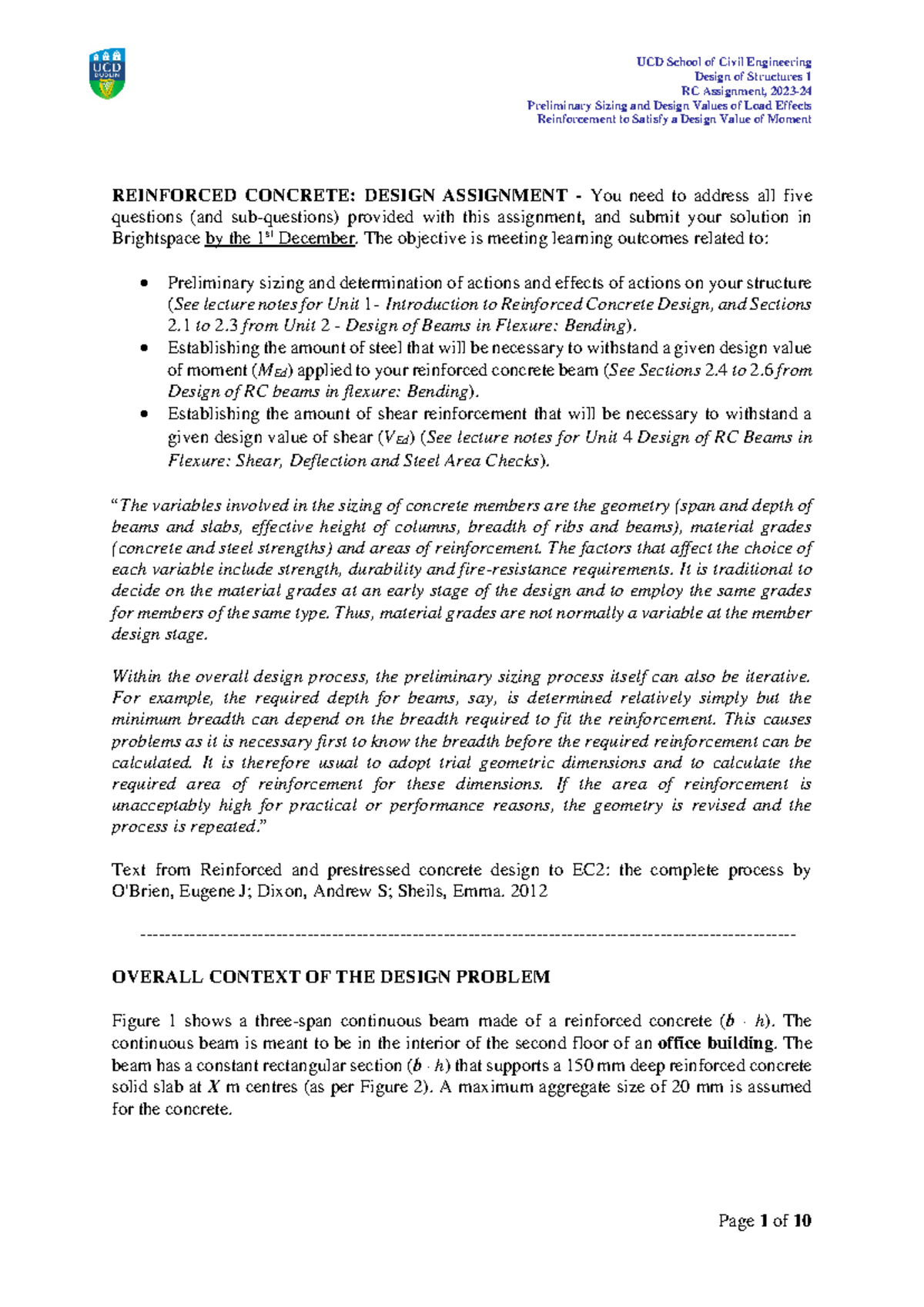 Assignment RC 2023 24 - Design of Structures 1 RC Assignment, 202 3 ...