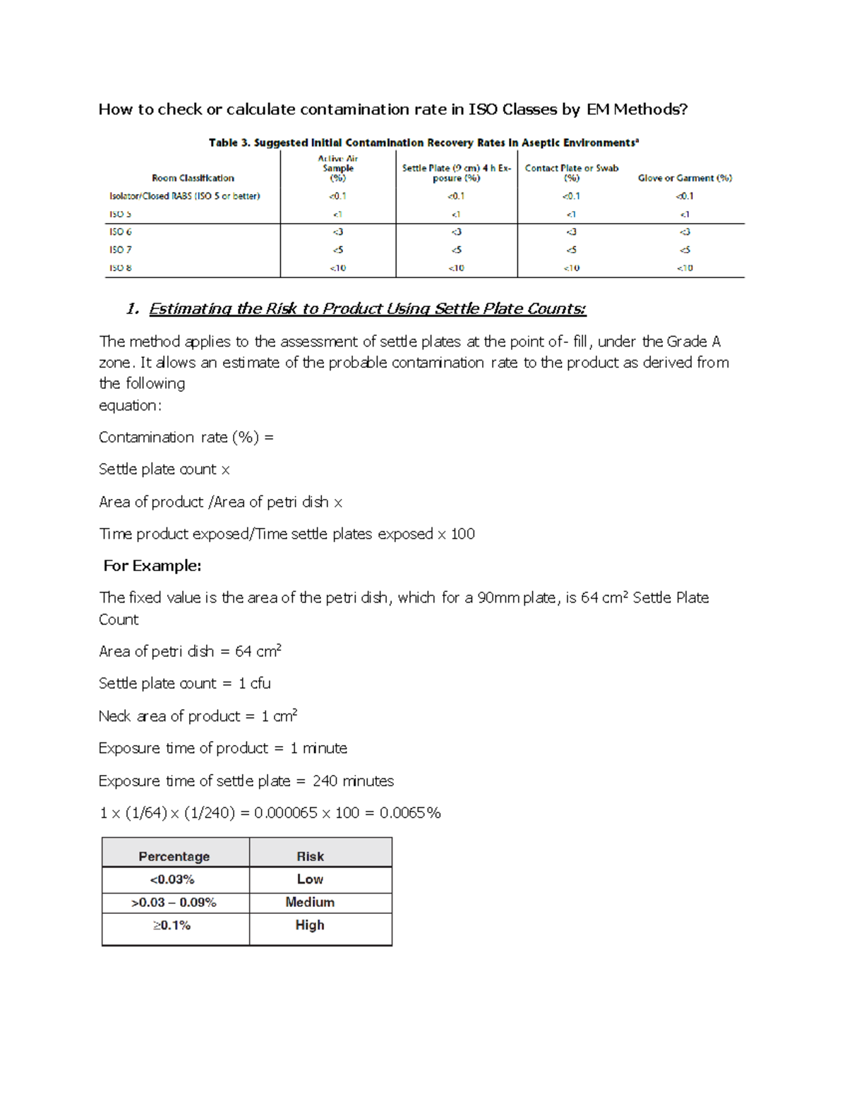Contamination Calculation USP 1116 ISO classes - How to check or ...