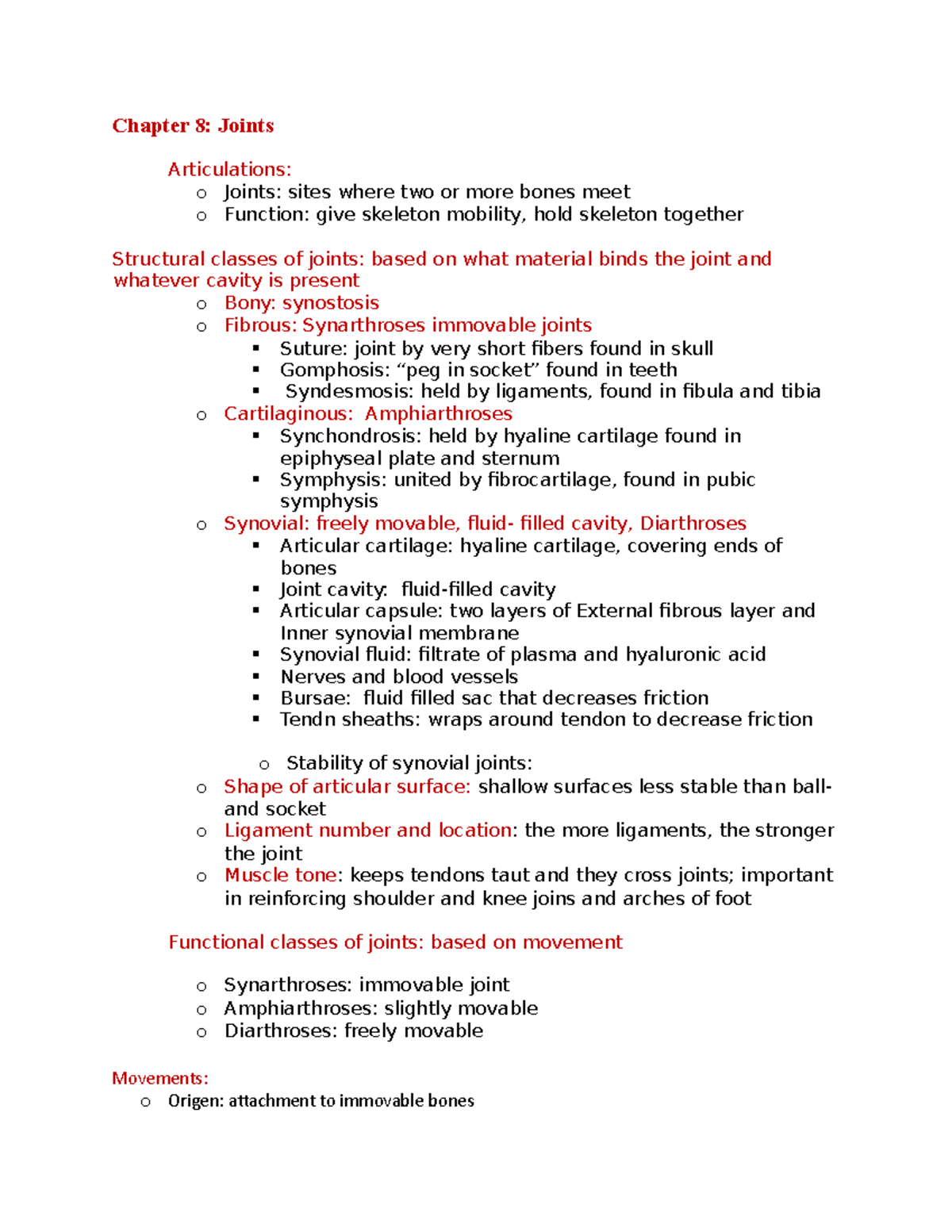 Chapter 8 joints LECTURE NOTES STUDY GUIDE - Chapter 8: Joints ...