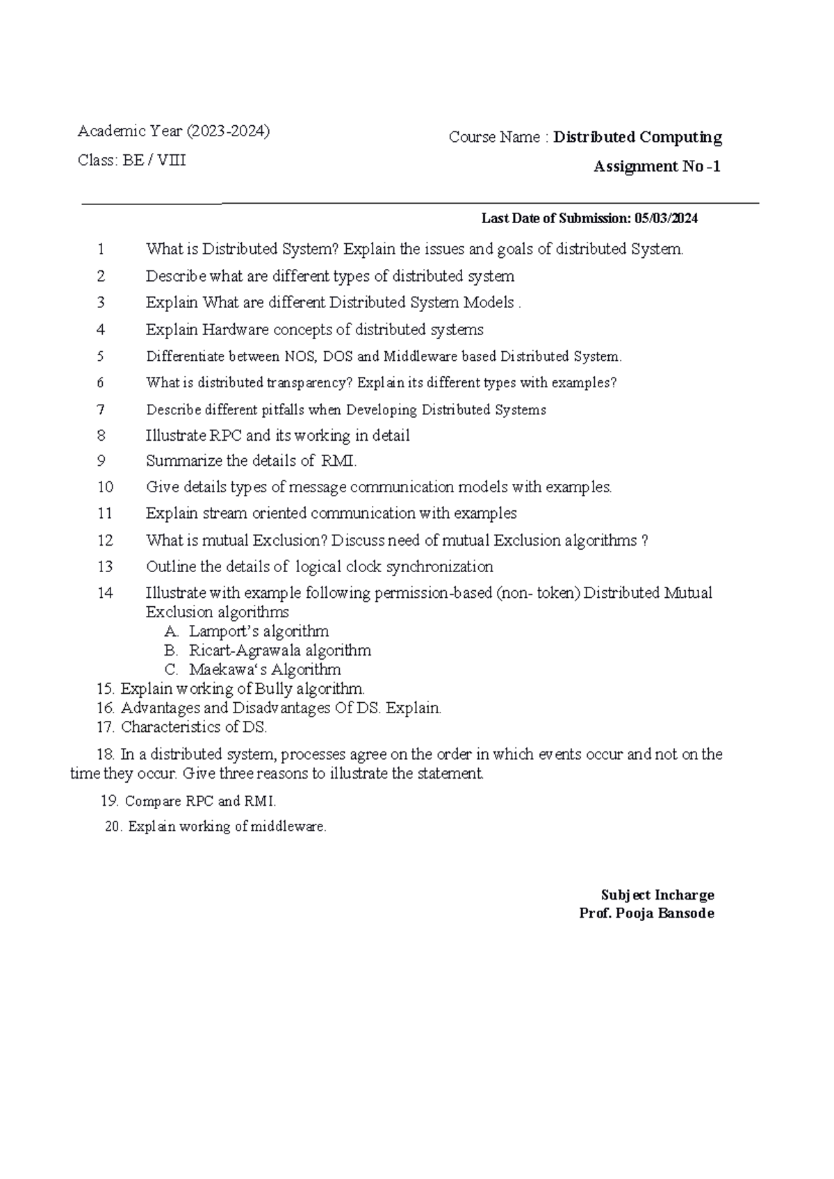 Updated QB - Question Bank - Academic Year (2023-2024) Class: BE / VIII Course Name ...