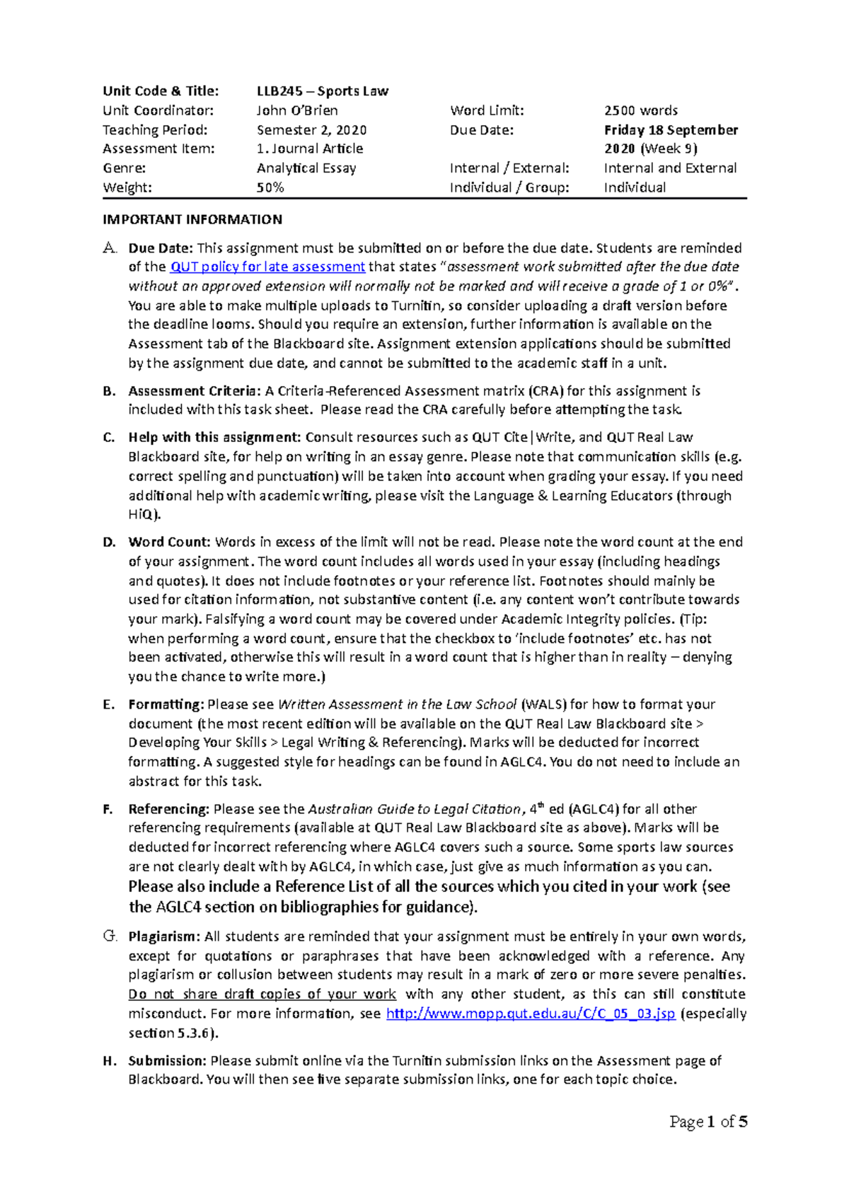Journal Article Task Sheet - Unit Code & Title: LLB245 – Sports Law ...