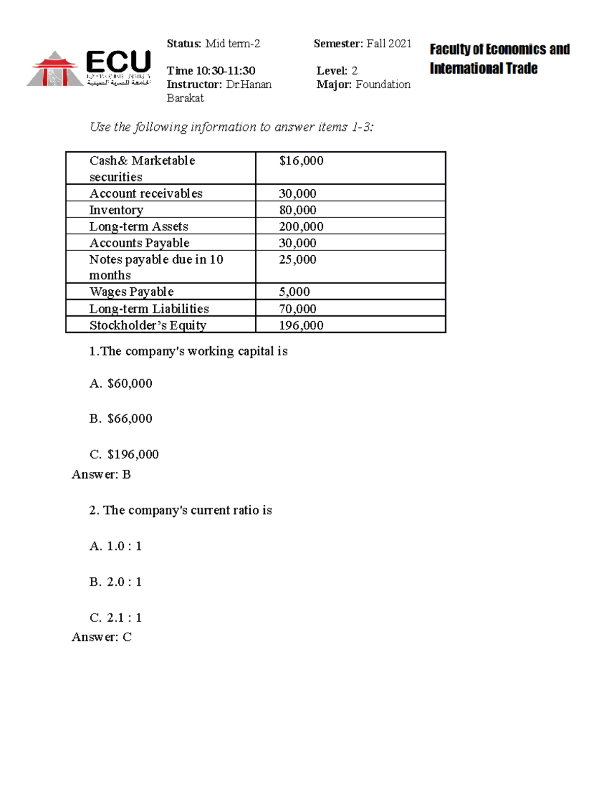 Midterm 2 Model A B Answer Time 10 30 11 Instructor Dr Barakat
