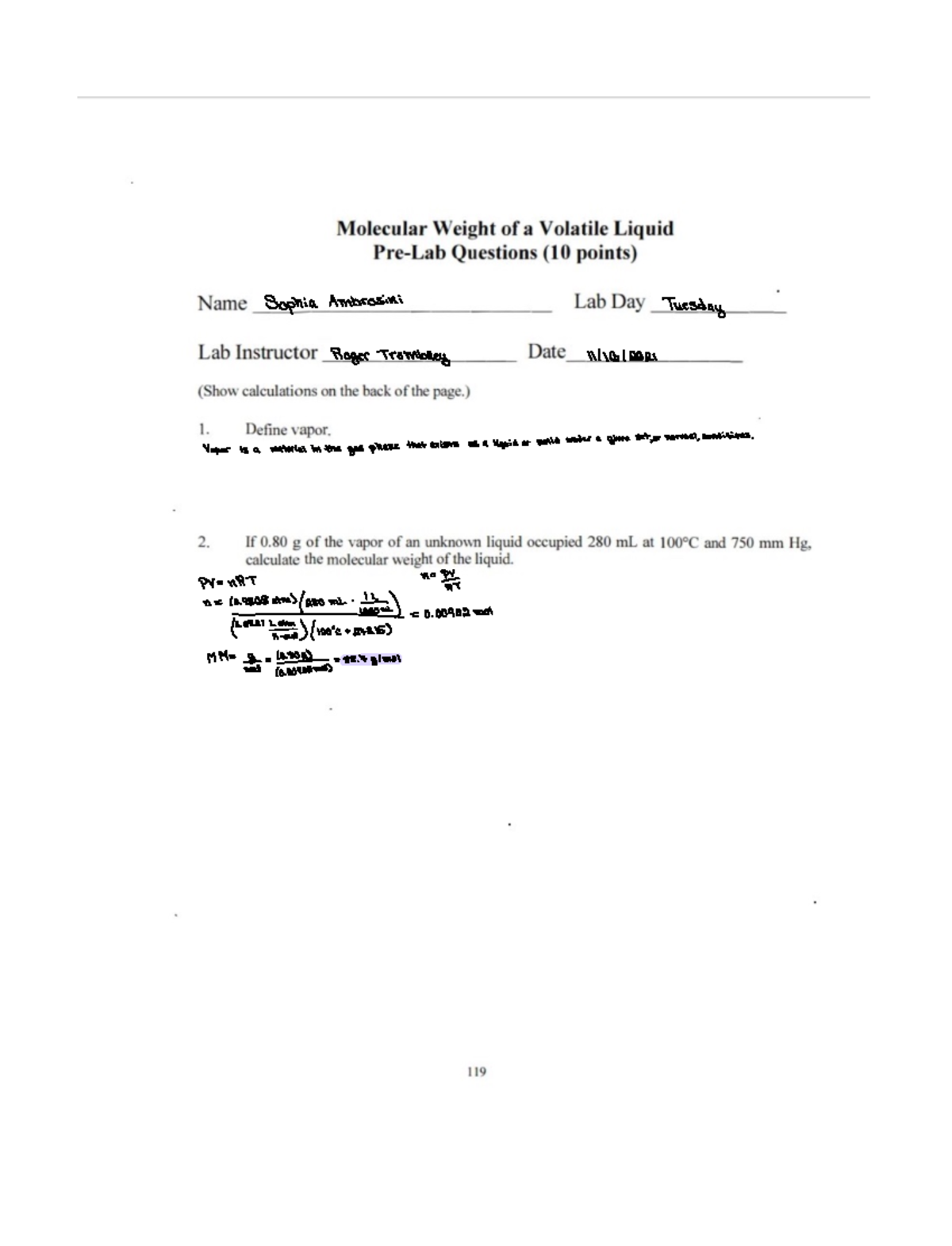 Volatile Liquid Pre-Lab - CHEM 1161 - Studocu