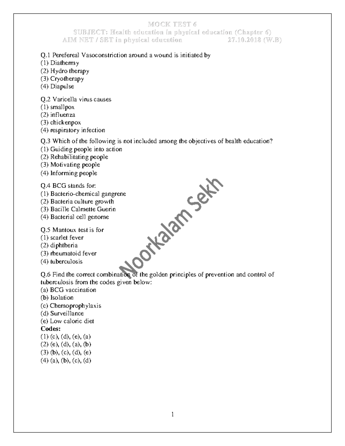 Mock Test 7 - exercise purpose only. - SUBJECT: Health education in ...