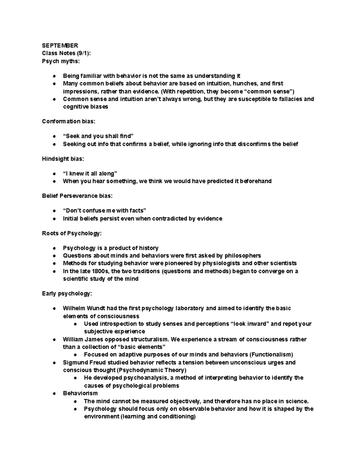 Psy 101 (Class Notes SEP) - SEPTEMBER Class Notes (9/1): Psych myths ...
