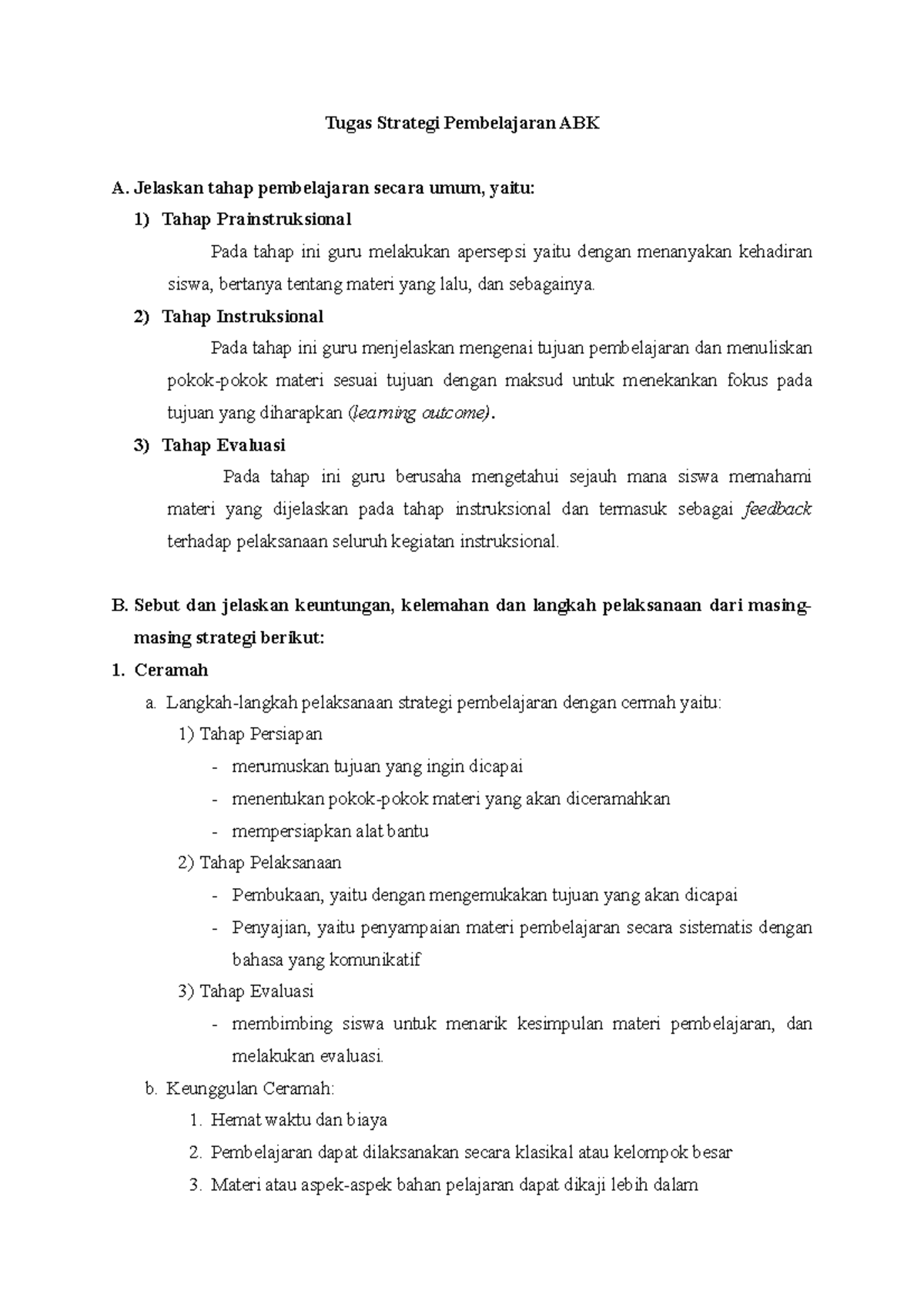 Tugas Strategi Pembelajaran ABK - Jelaskan tahap pembelajaran secara ...