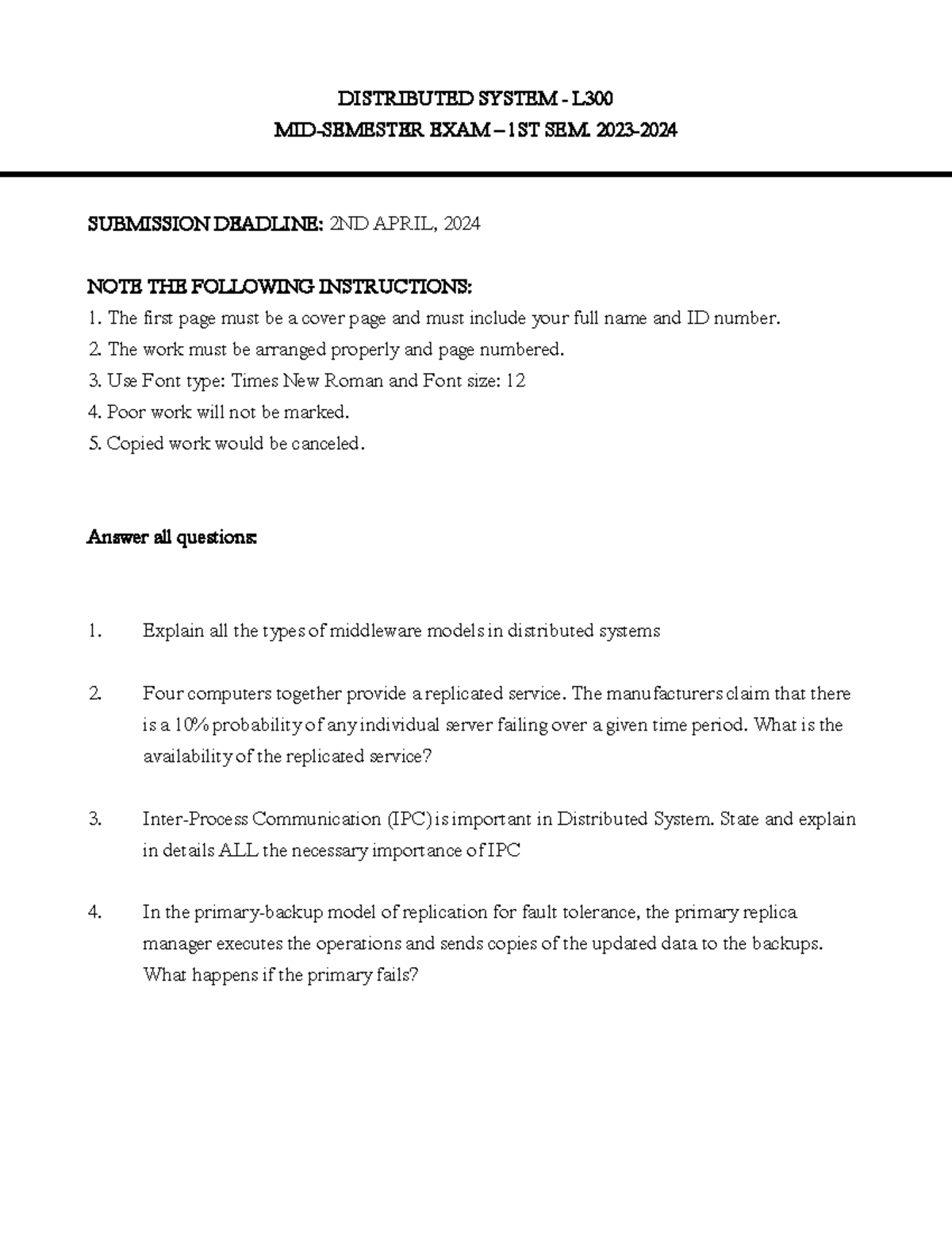 Mid-Sem-Distributed System - DISTRIBUTED SYSTEM - L MID-SEMESTER EXAM ...