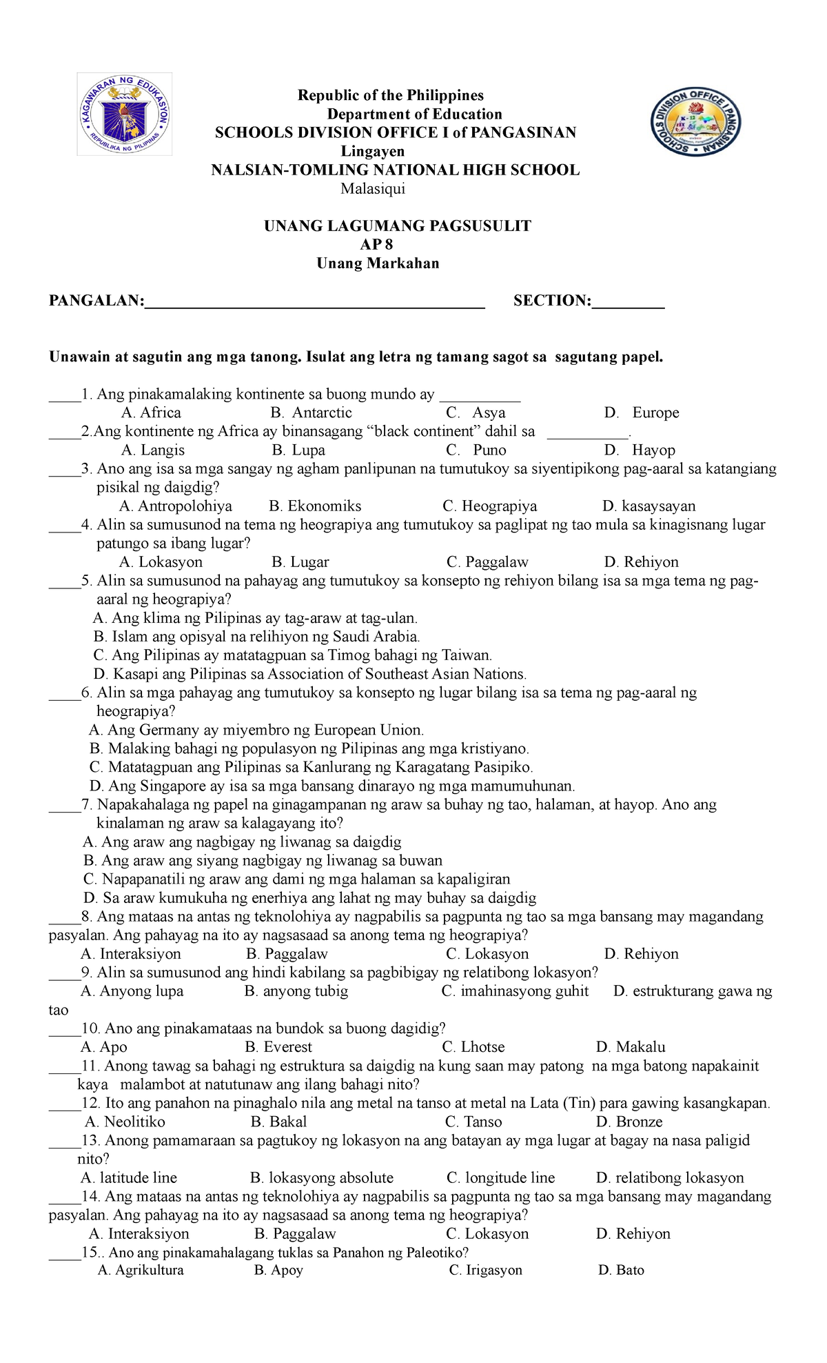 1ST Summative TEST - First Grading examination - Republic of the ...
