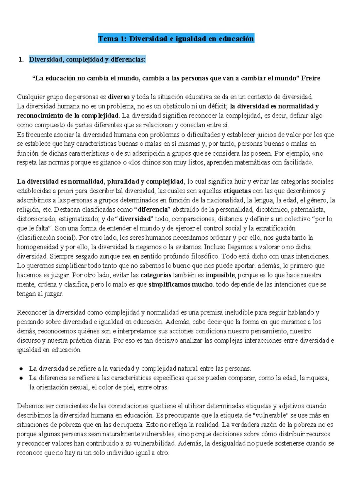 Resumen Diversidad e igualdad en educación 23-24 Melisa Barrios - Tema 1: Diversidad e igualdad ...