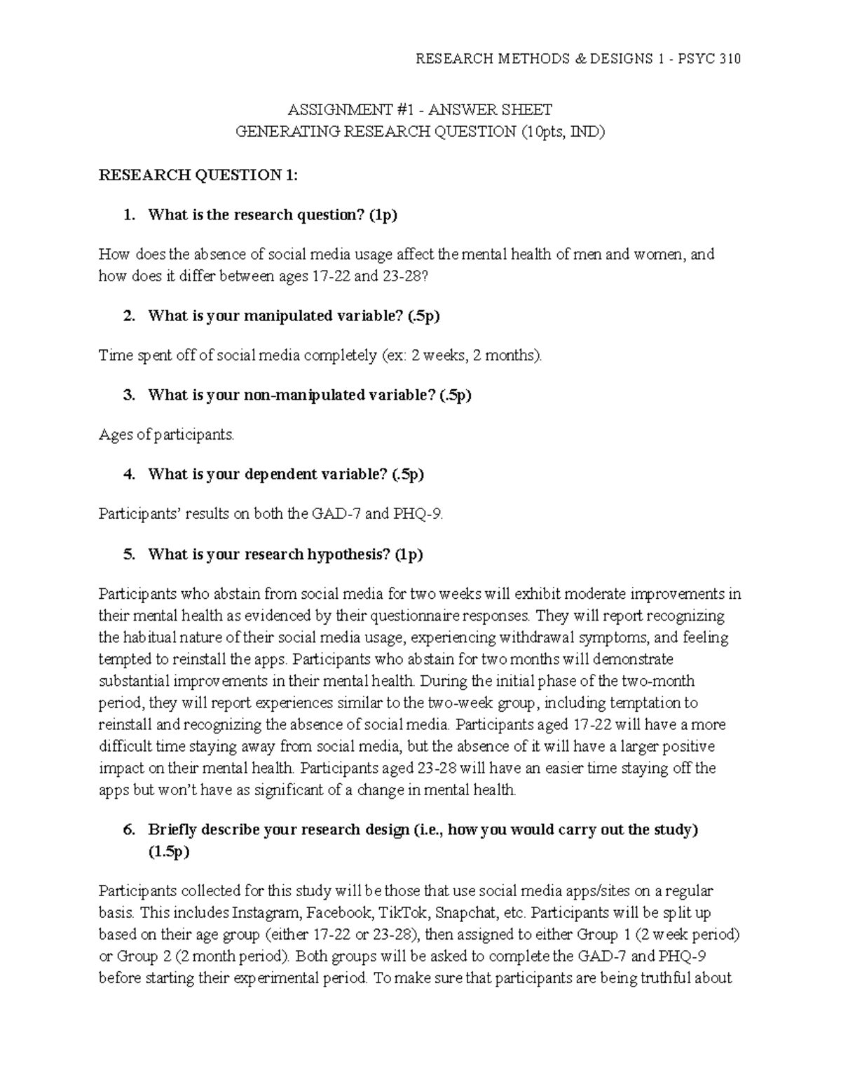 Assignment #1 - RESEARCH METHODS & DESIGNS 1 - PSYC 310 ASSIGNMENT #1 ...