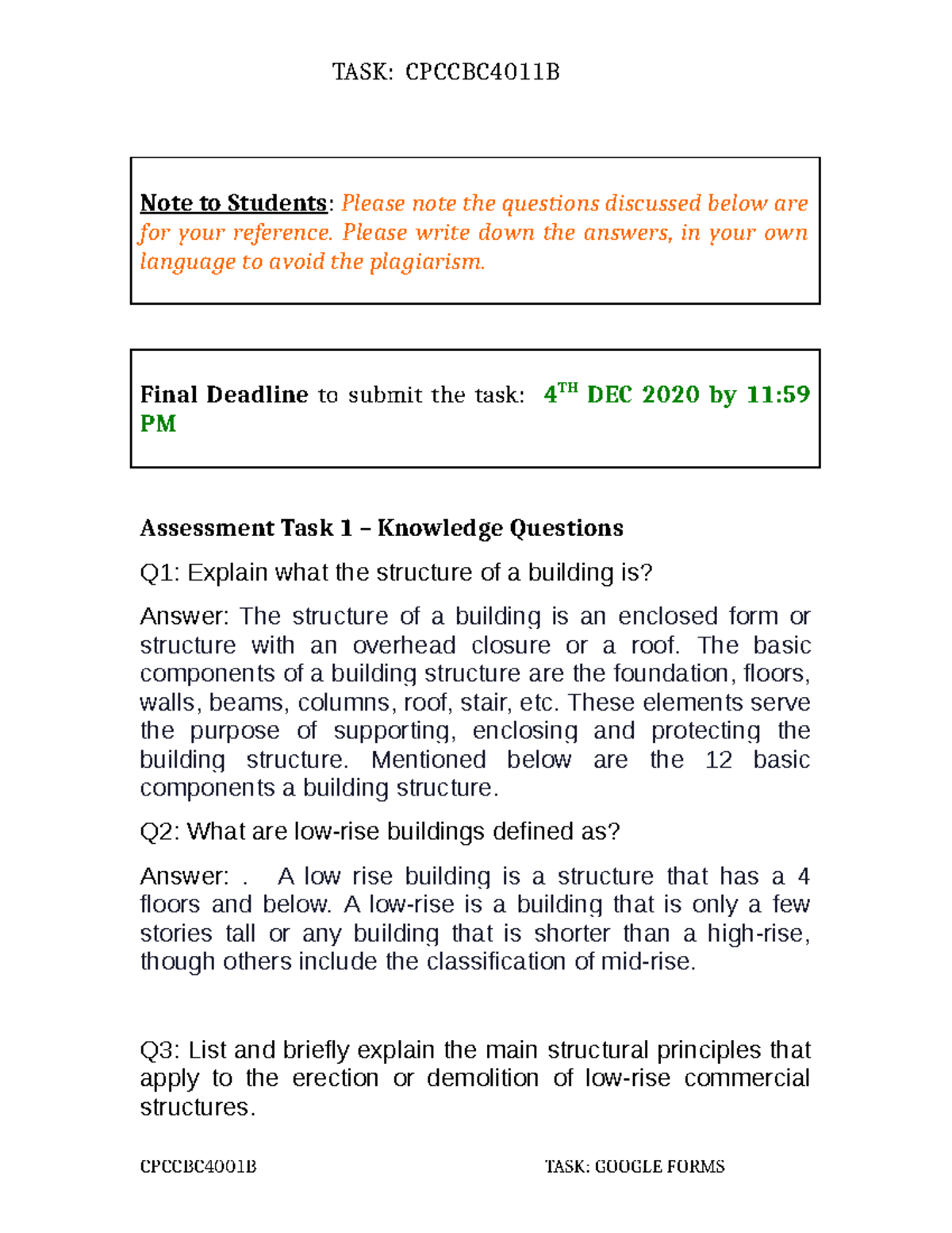 4011B Assessment Task 1 Knowledge Questions - Note to Students : Please ...