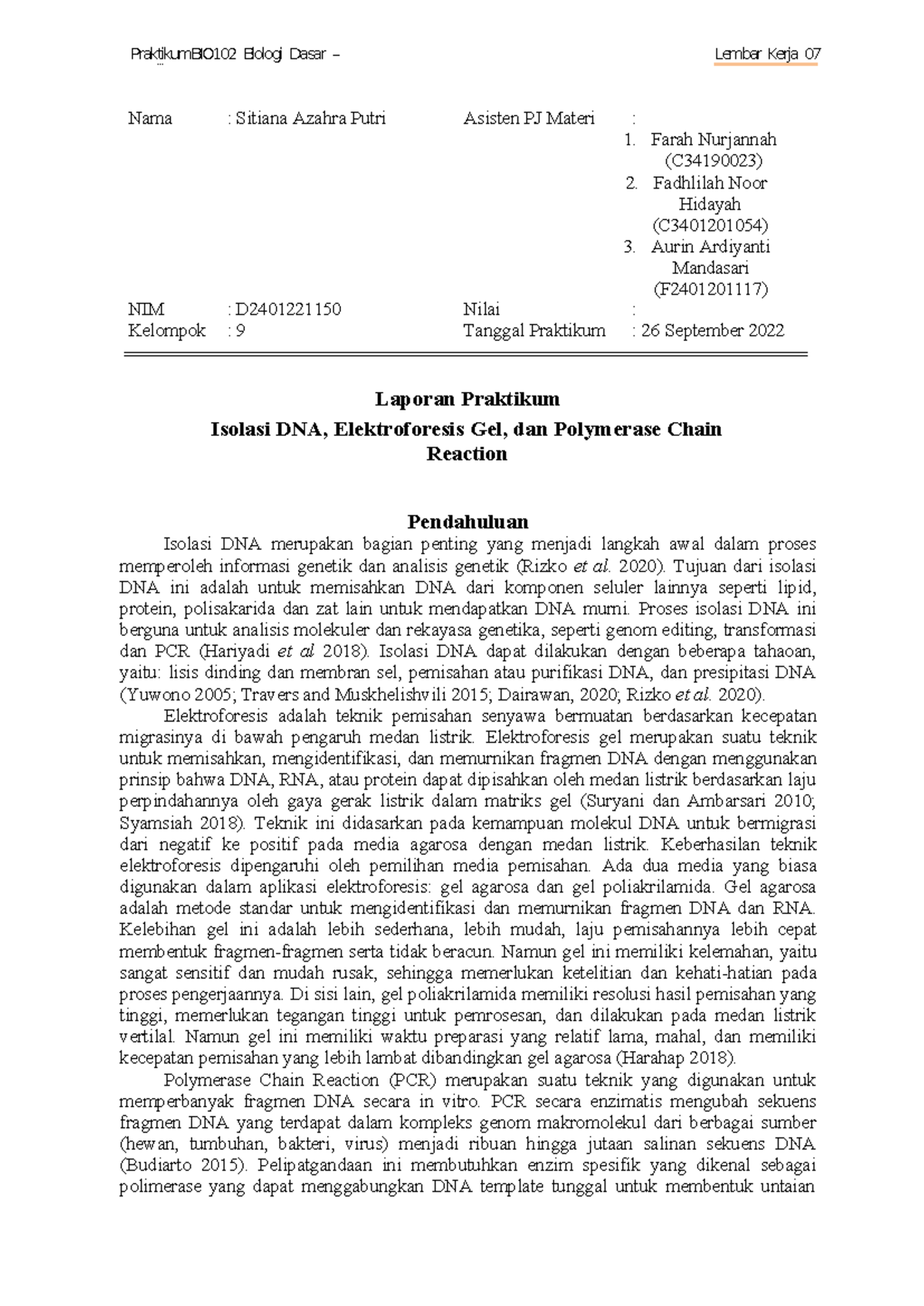 D2401221150 Sitiana Azahra Putri Kelompok 9 Isolasi DNA, Elektroforesis ...