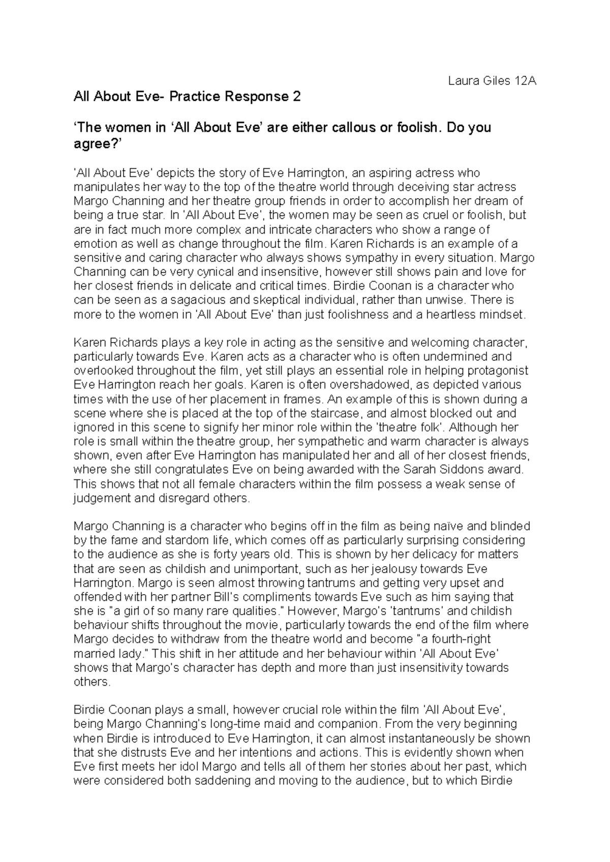 Practice Piece 2 All About Eve - Laura Giles 12A All About Eve ...