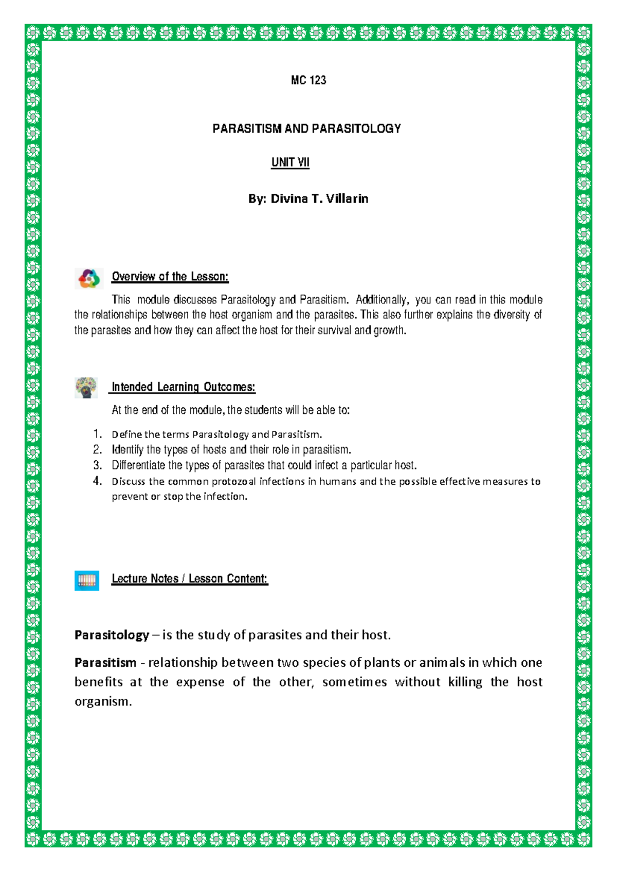 Module-7- Parasitism - MC 123 PARASITISM AND PARASITOLOGY UNIT VII By ...