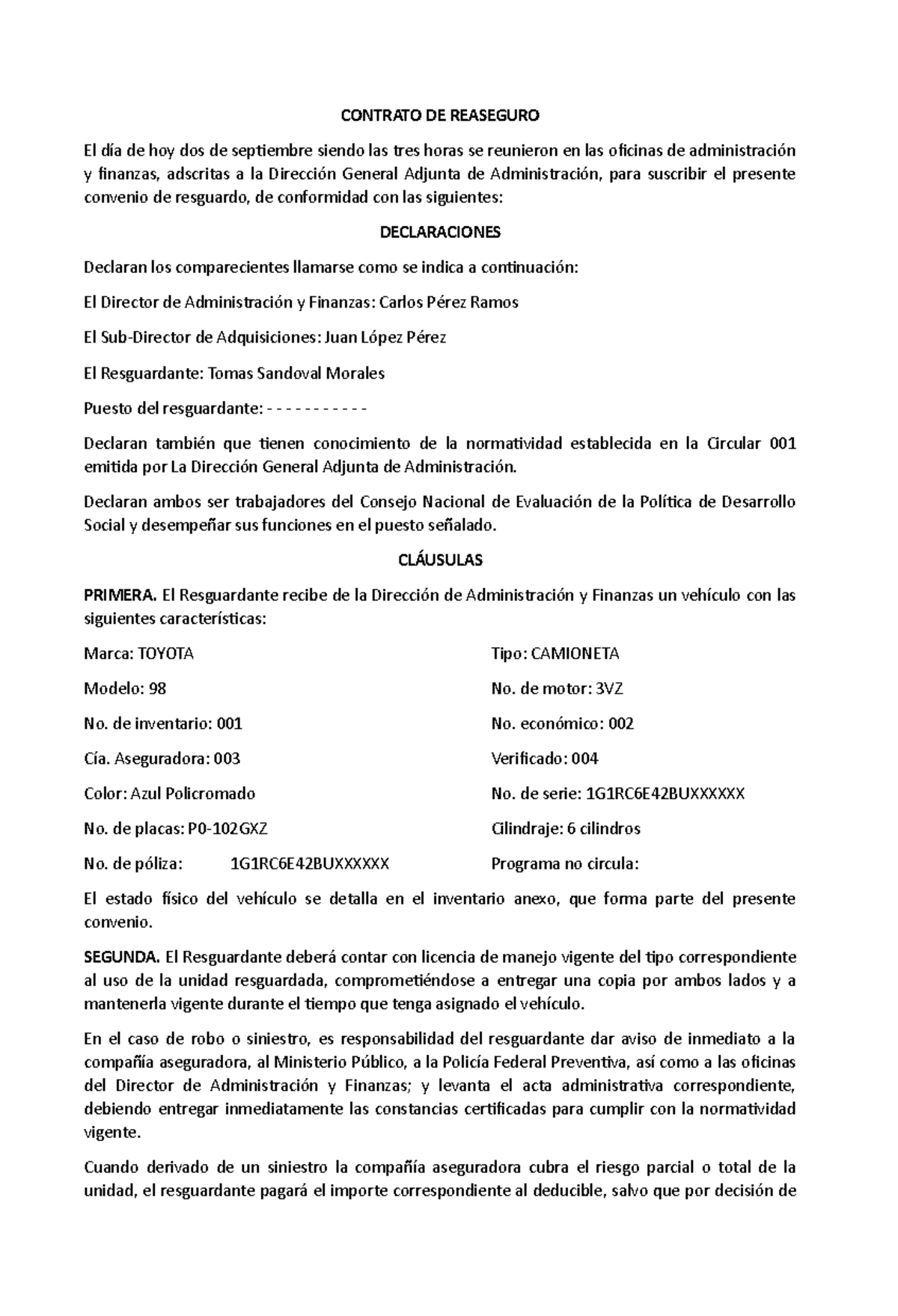 Contrato DE Reaseguro - CONTRATO DE REASEGURO El día de hoy dos de septiembre siendo las tres ...