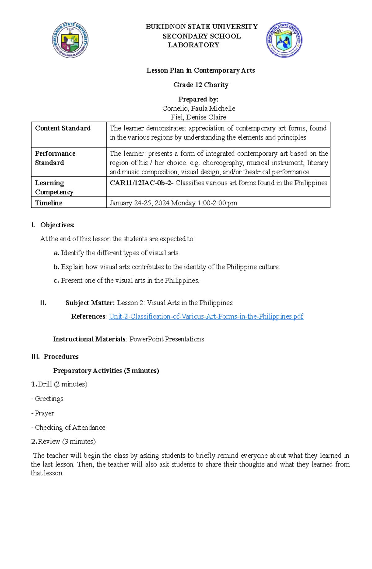 Lesson 2- Visual ARTS LESSON PLAN - BUKIDNON STATE UNIVERSITY SECONDARY ...