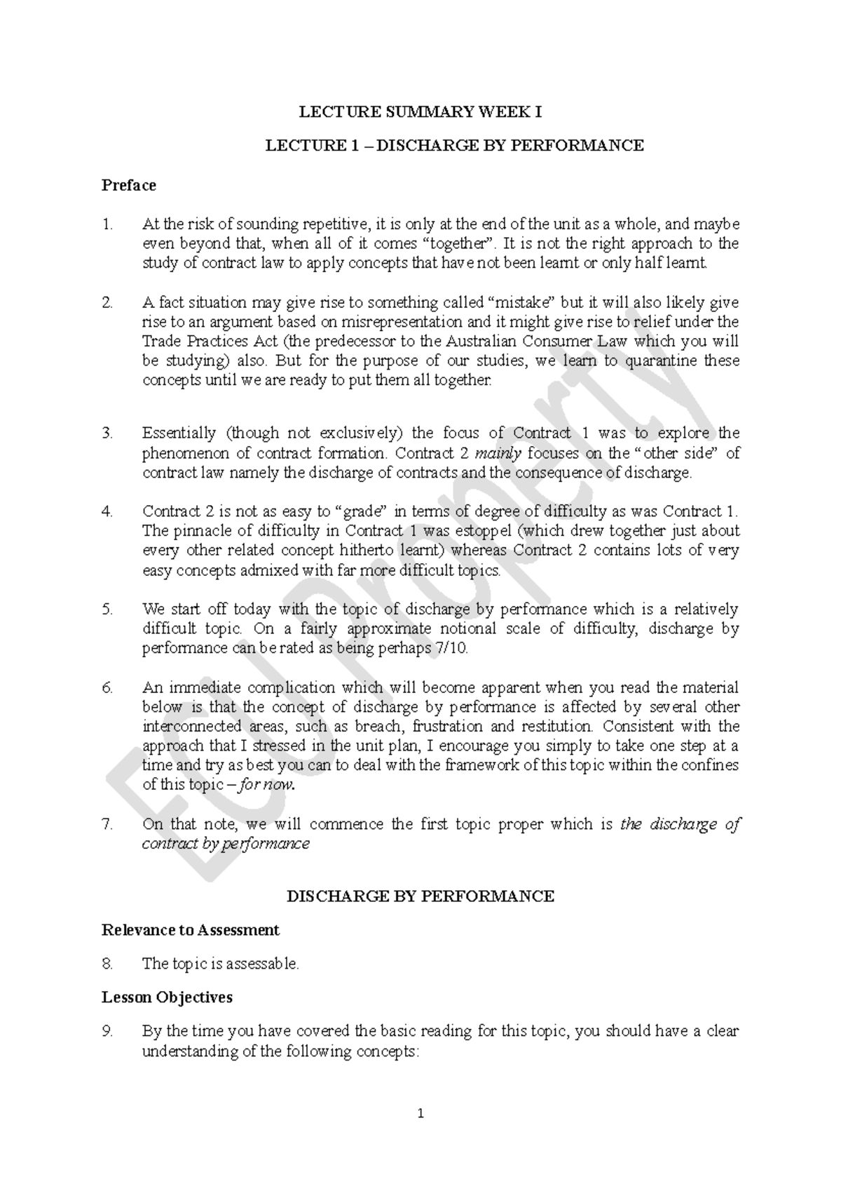 Lecture Summary Week 1 Discharge by Performance - LECTURE SUMMARY WEEK I LECTURE 1 – DISCHARGE ...