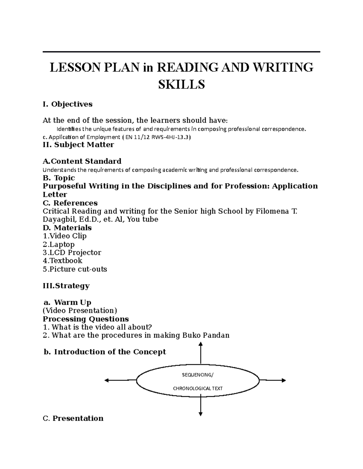 Lesson Plan In Reading And Writing LESSON PLAN In READING AND WRITING