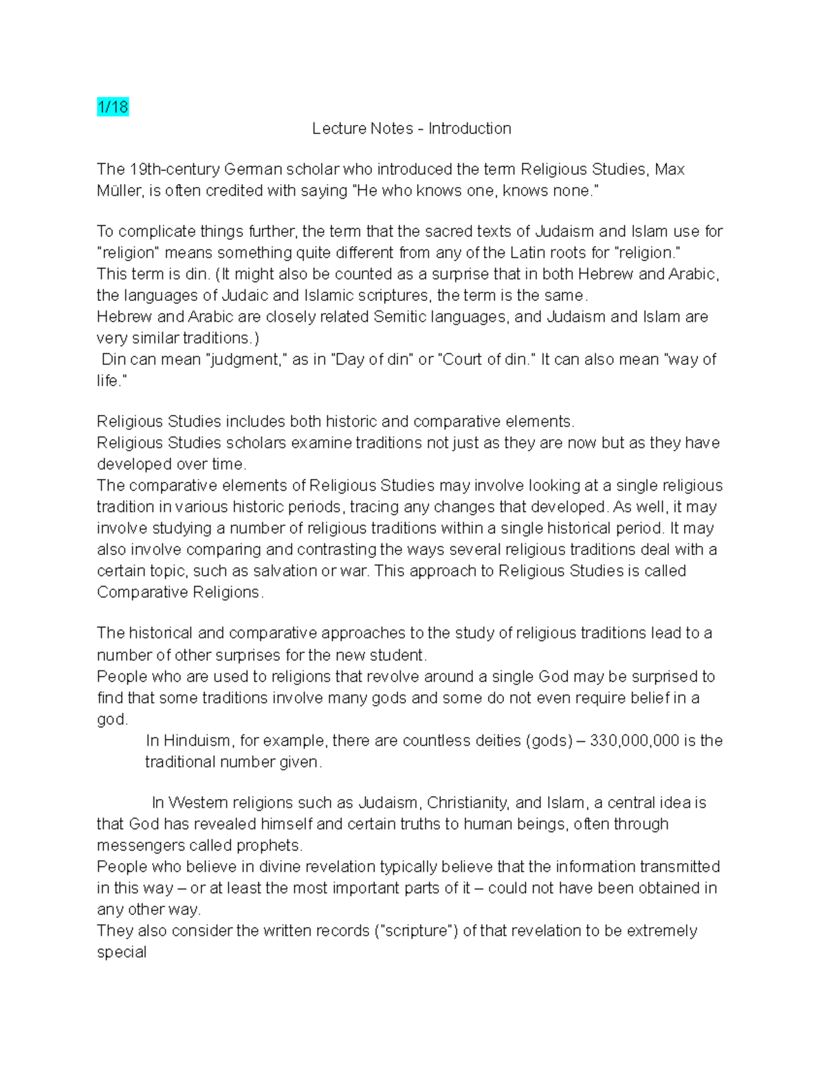 World Religions Notes - 1/ Lecture Notes - Introduction The 19th ...