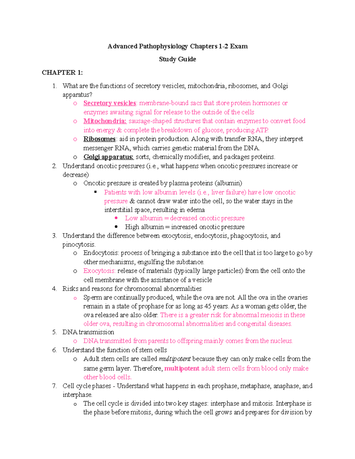 Patho CH 1&2 Study Guide - Advanced Pathophysiology Chapters 1-2 Exam ...