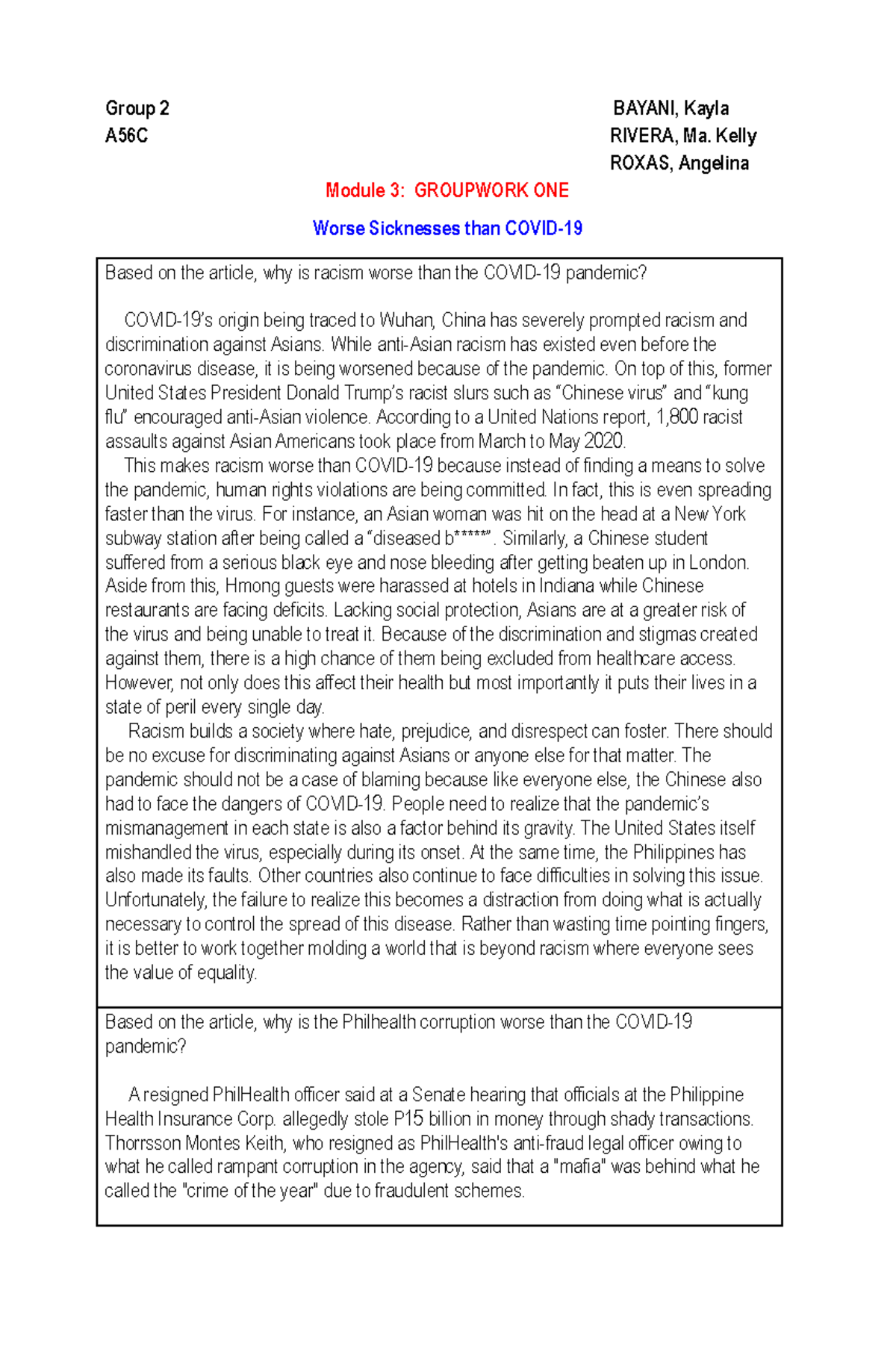 Groupwork One - Worse Sickness than Covid-19 - Group 2 BAYANI, Kayla ...