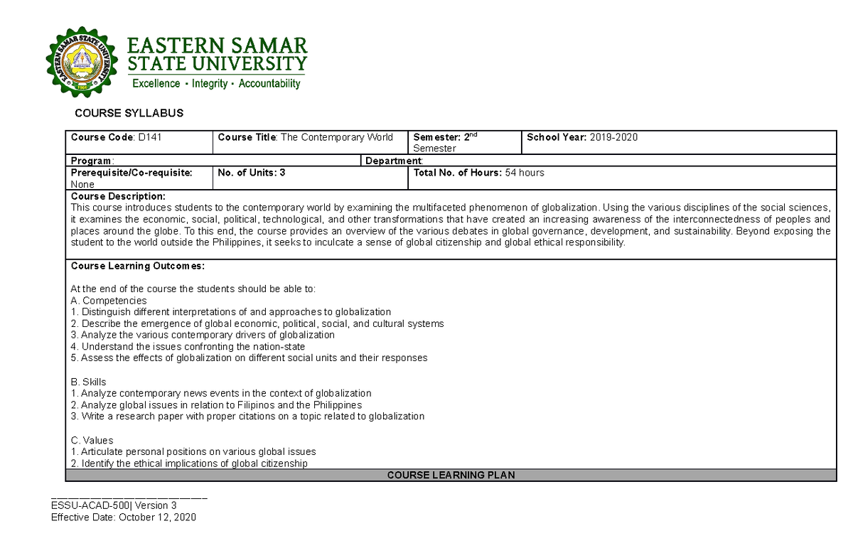 Course Syllabus in Contemporary World-1 - COURSE SYLLABUS Course Code ...