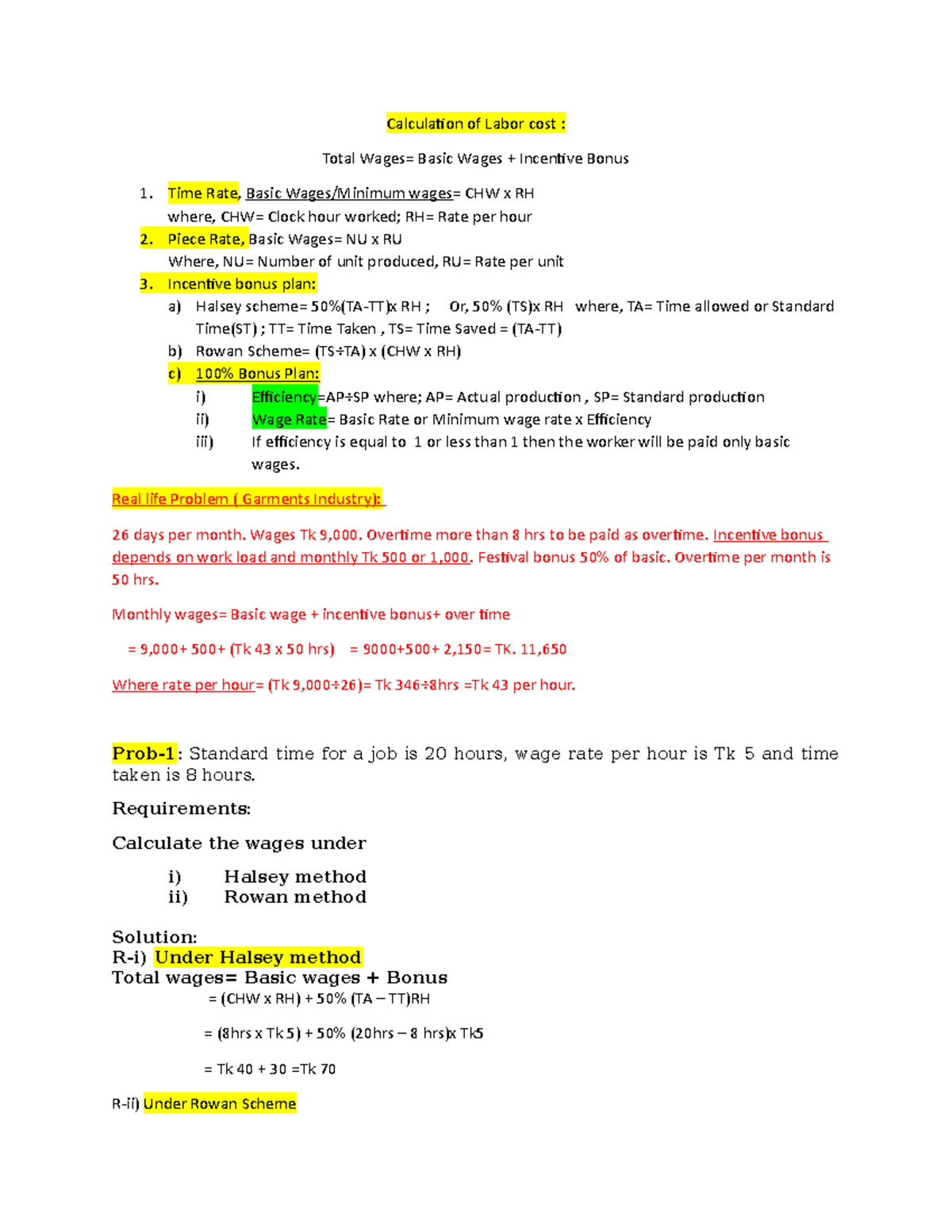 Rev lab cost 1 - Calculation of Labor cost : Total Wages= Basic Wages ...