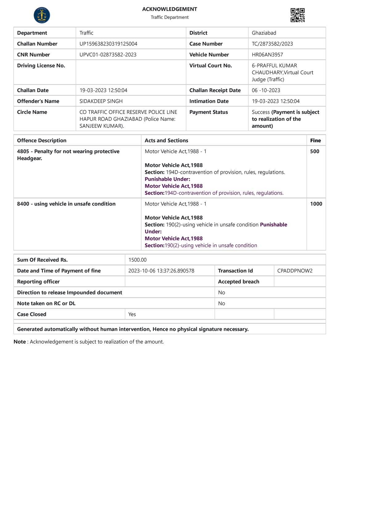 Ss3 - asdfg - ACKNOWLEDGEMENT Traffic Department Department Traffic ...