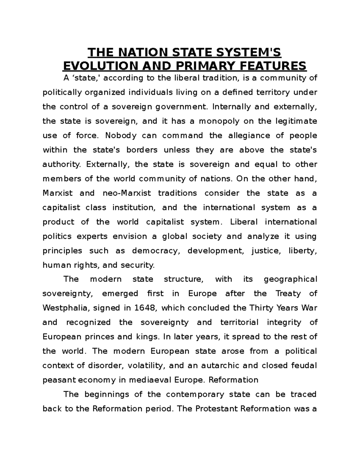 THE Nation State System'S Evolution AND Primary Features ...
