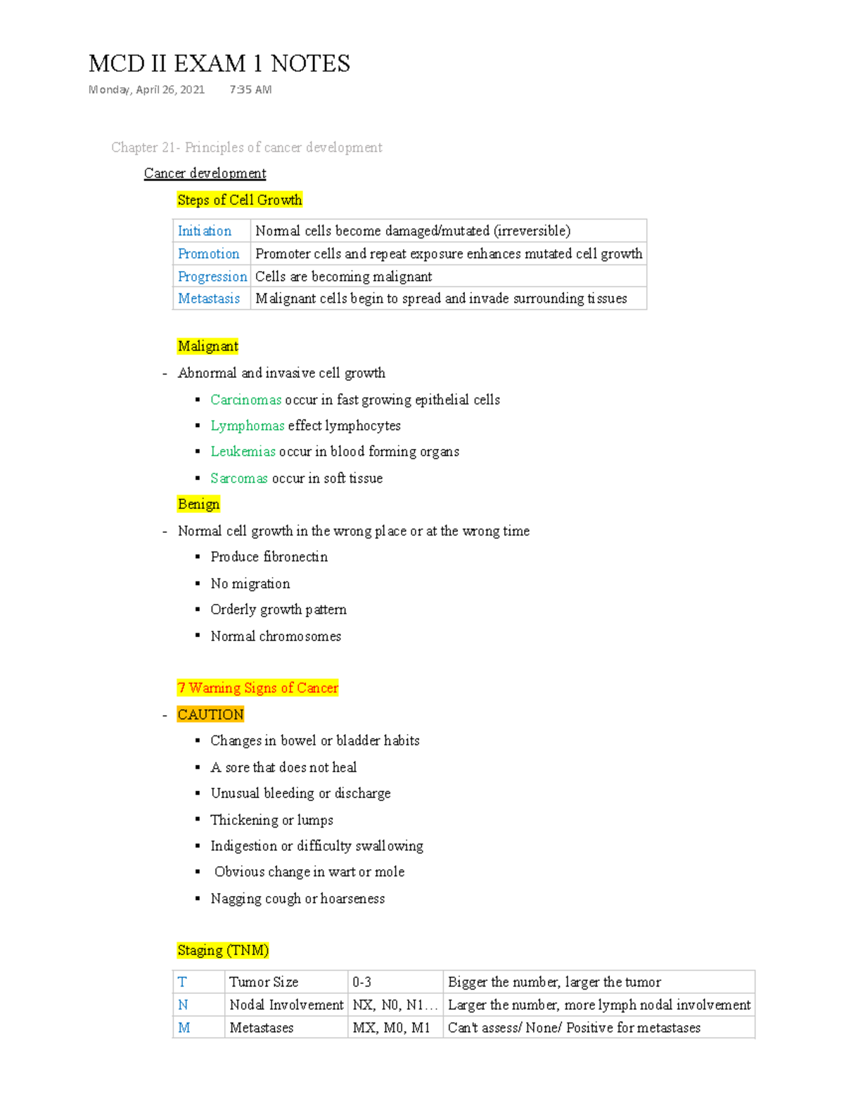 MDC II EXAM 1 Study Guide - &KDSWHU 3ULQFLSOHV RI FDQFHU GHYHORSPHQW ...