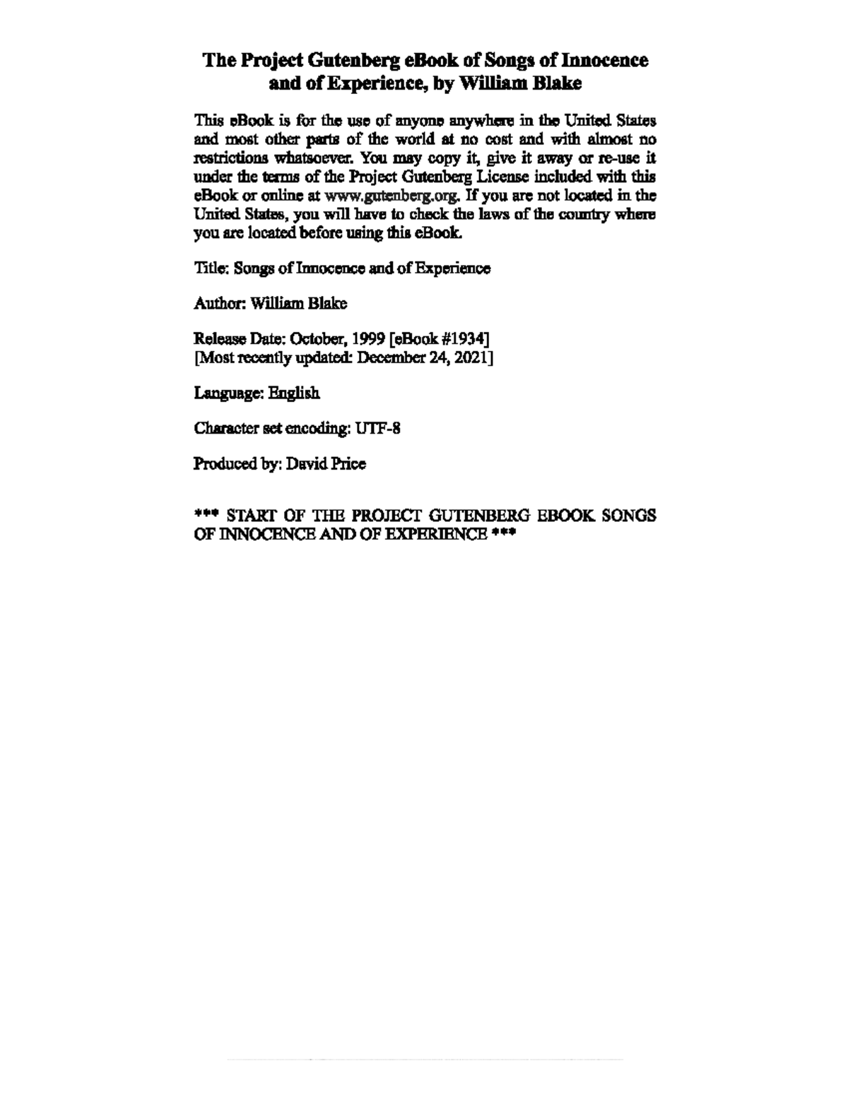 Blake Songs of Innocence and Experience - ENGL 251 - Studocu