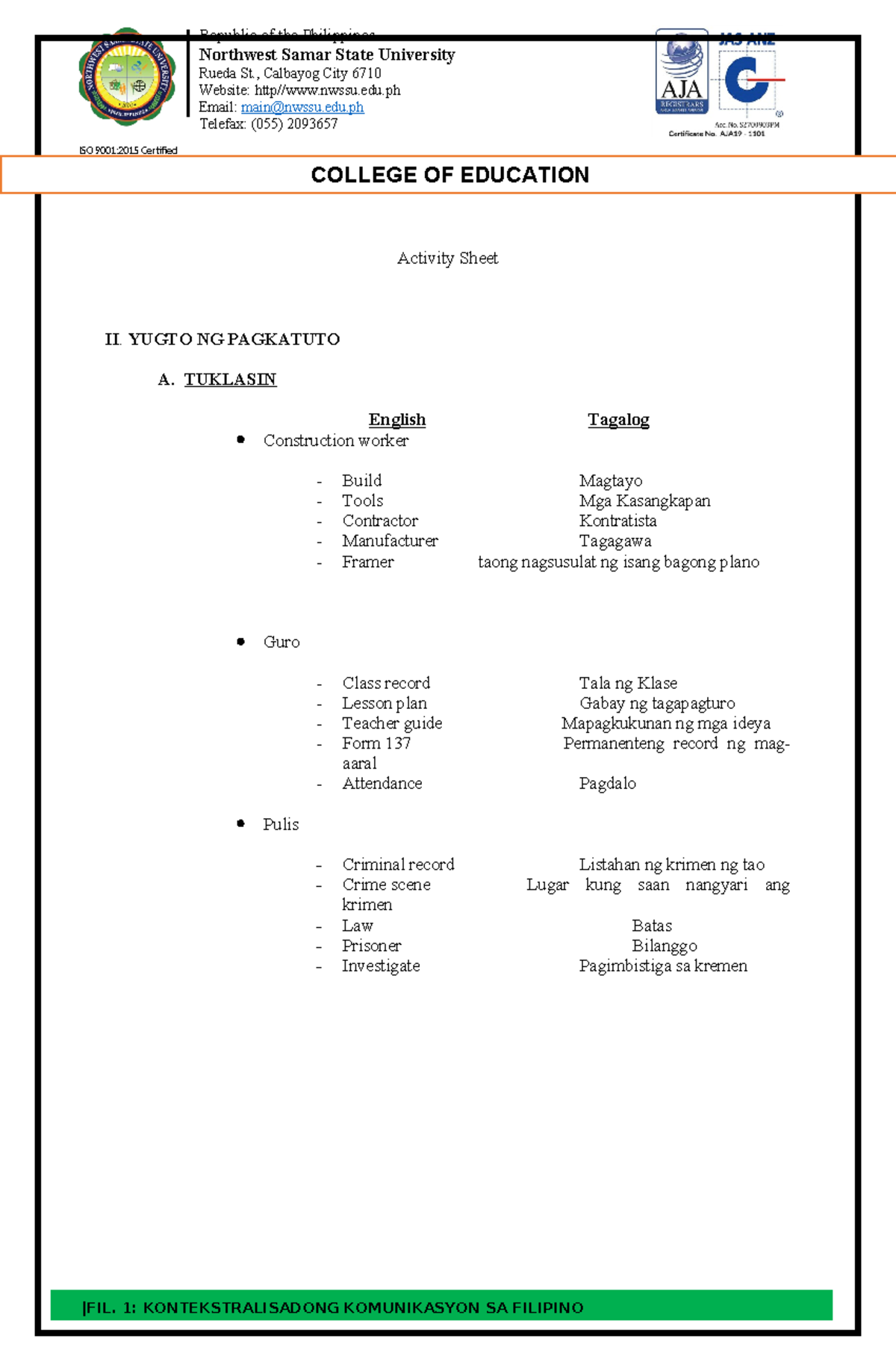 Yugto NG Pagkatuto - ;,ml - Activity Sheet II. YUGTO NG PAGKATUTO A ...