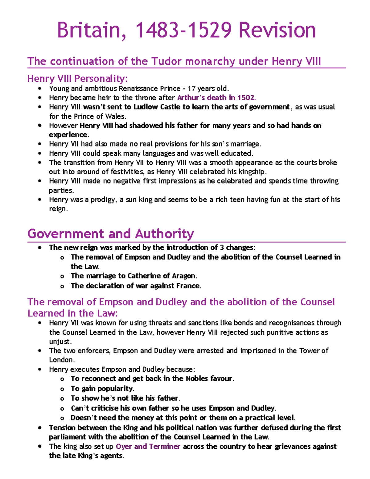 Britain Henry Viii revision - Britain, 1483-1529 Revision The ...