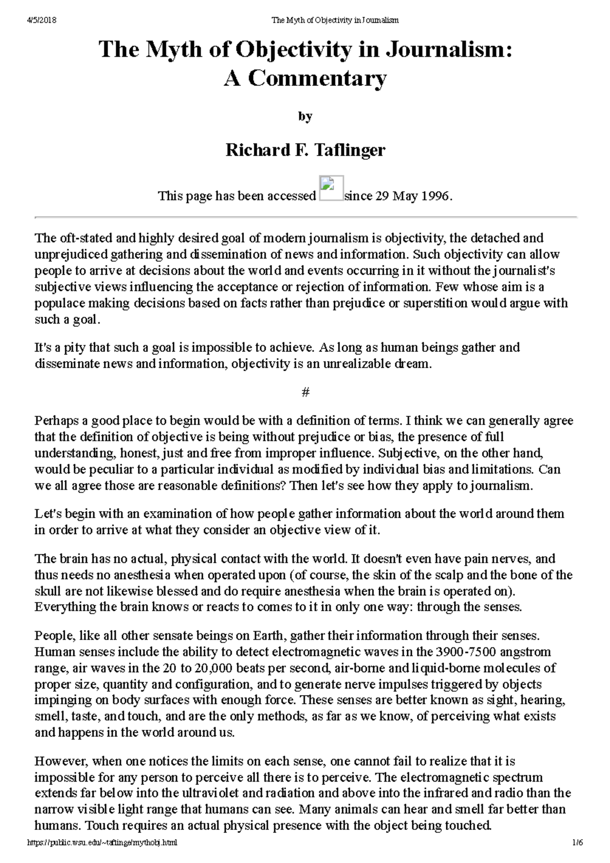 Myth of Objectivity in Journalism - Taflinger This page has been ...