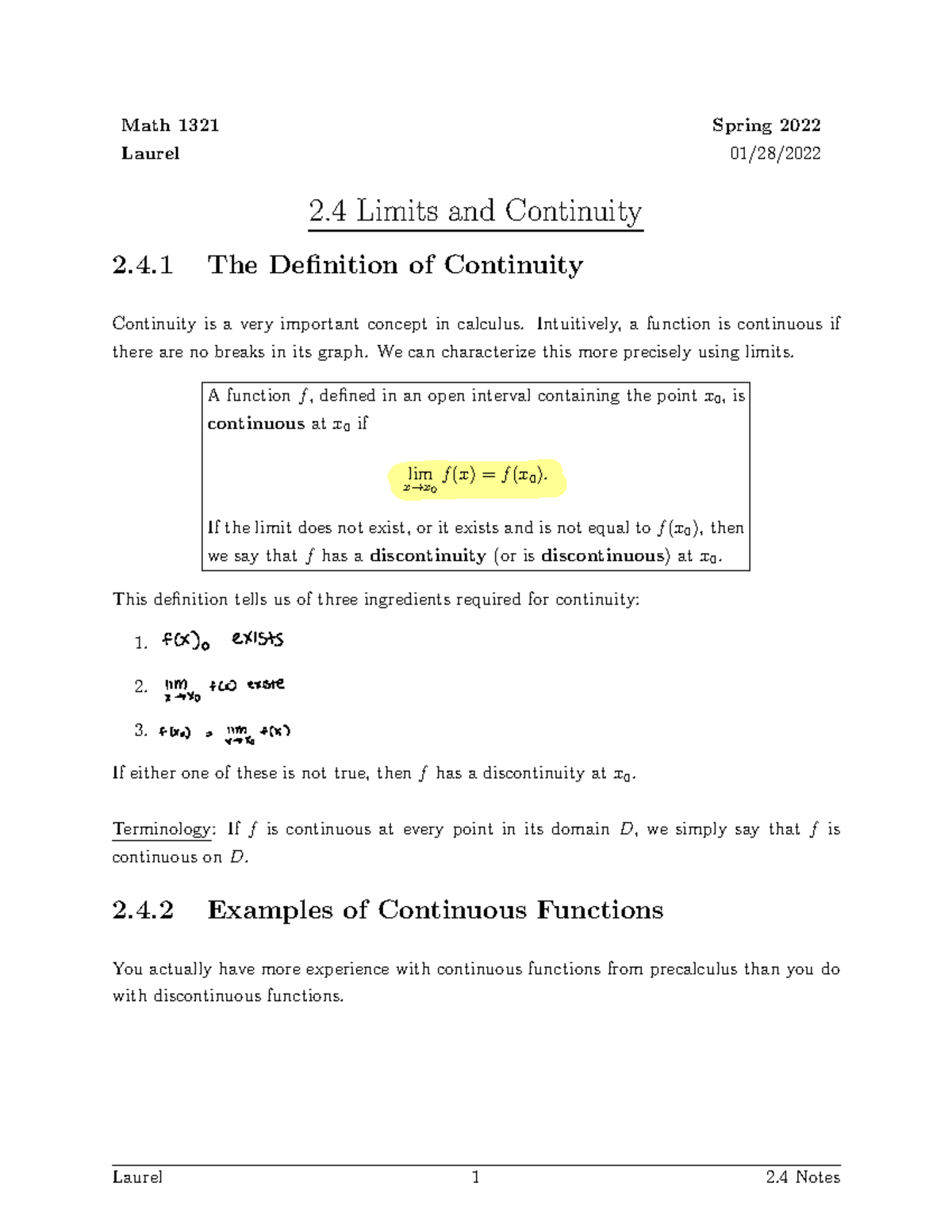 2-4 Notes Handout 1321 - Math 1321 Spring 2022 Laurel 01/28/ 2 Limits ...