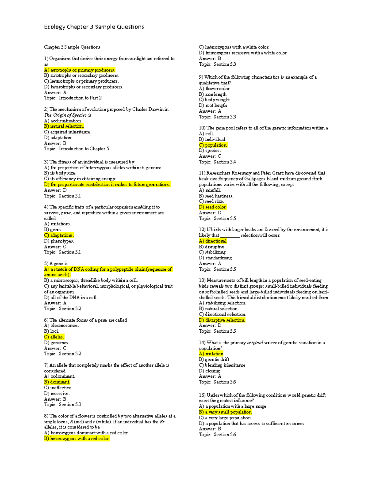 Chapter 5 Sample Questions - Ecology Chapter 3 Sample Questions Chapter ...