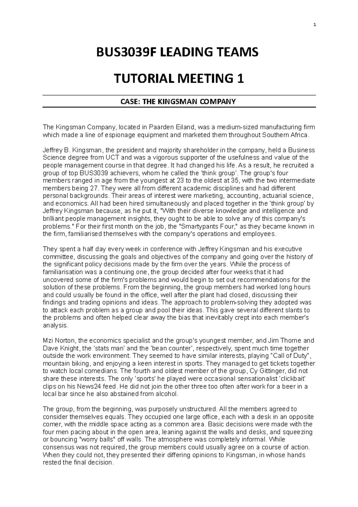 Kingsman+case+Tutorial+2023 - 1 BUS3039F LEADING TEAMS TUTORIAL MEETING ...