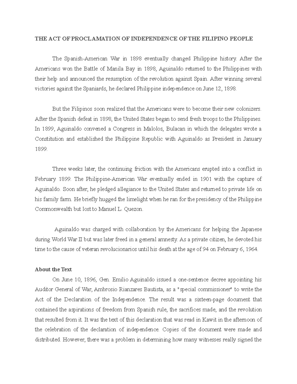 THE ACT OF Proclamation OF Independence OF THE Filipino People - THE ...