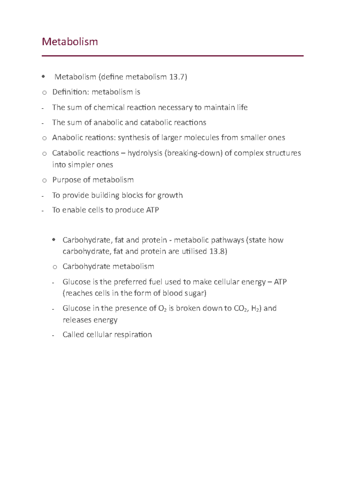 Metabolism lectures notes/ exam prep - Metabolism Metabolism (define ...