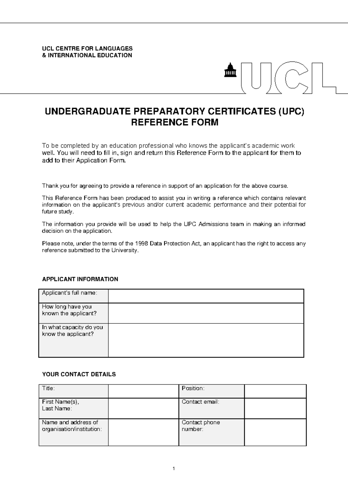 Upc reference form - 1 UCL CENTRE FOR LANGUAGES & INTERNATIONAL ...